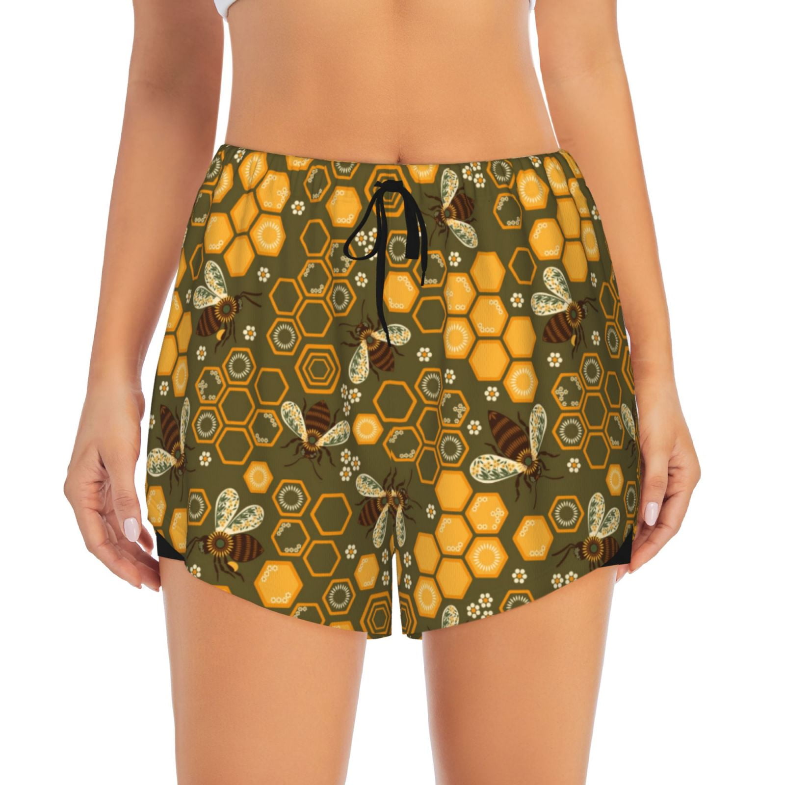 Workout Shorts for Women - Bees and Honeycombs 2 in 1 with Pocket ...