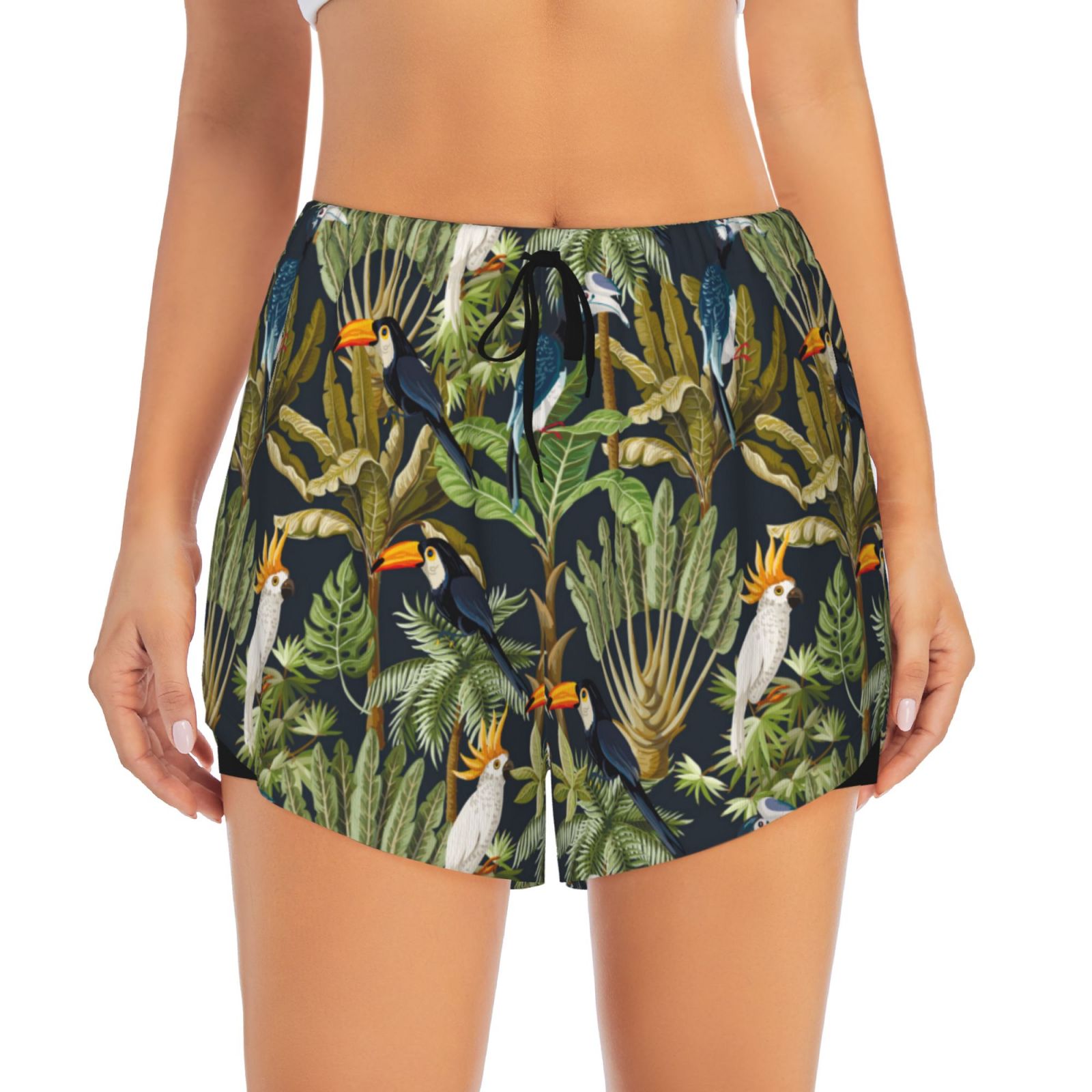 Workout Shorts for Women - Cute Toucan Cockatoo Hornbill 2 in 1 with ...