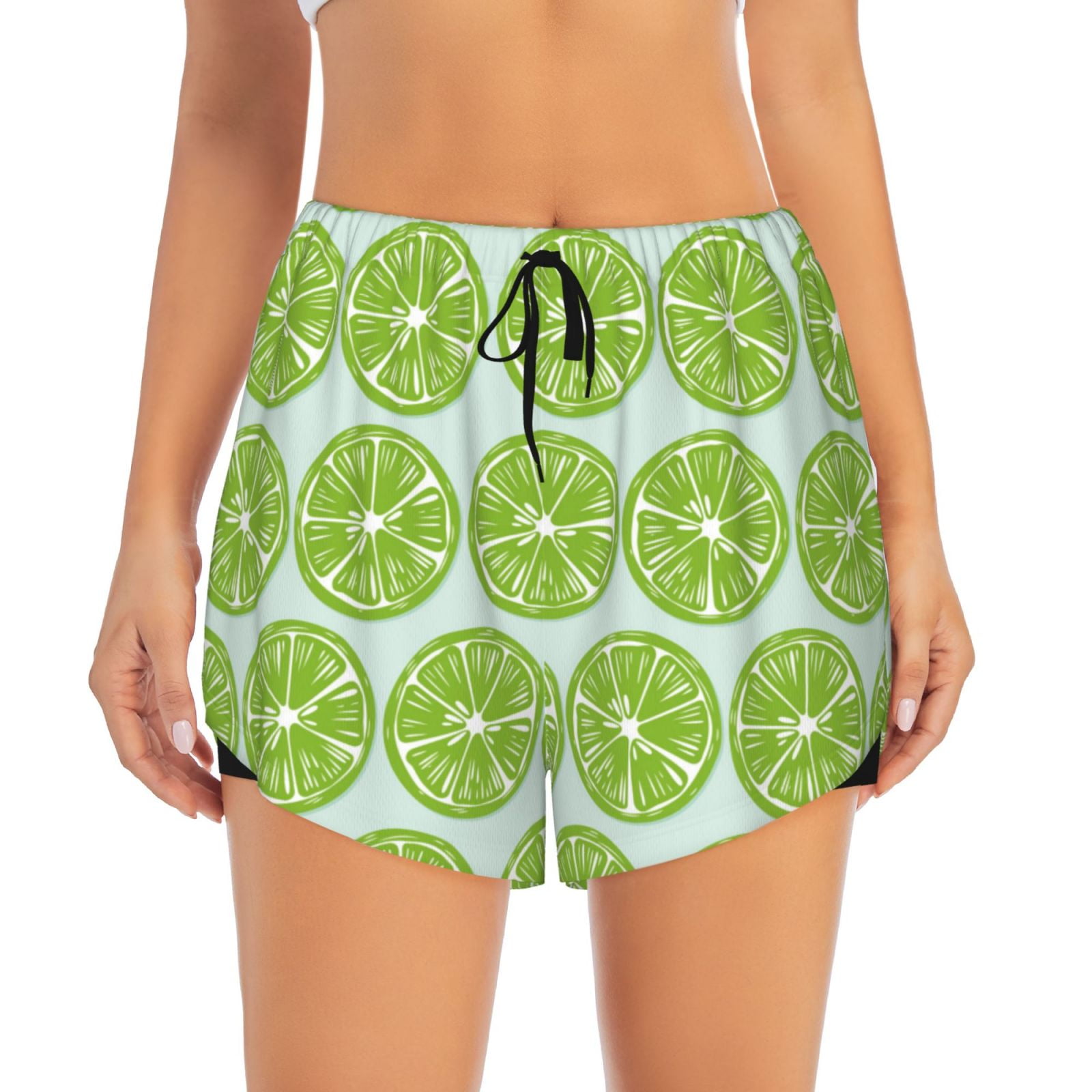 Workout Shorts for Women - green lemon slices 2 in 1 with Pocket Double ...