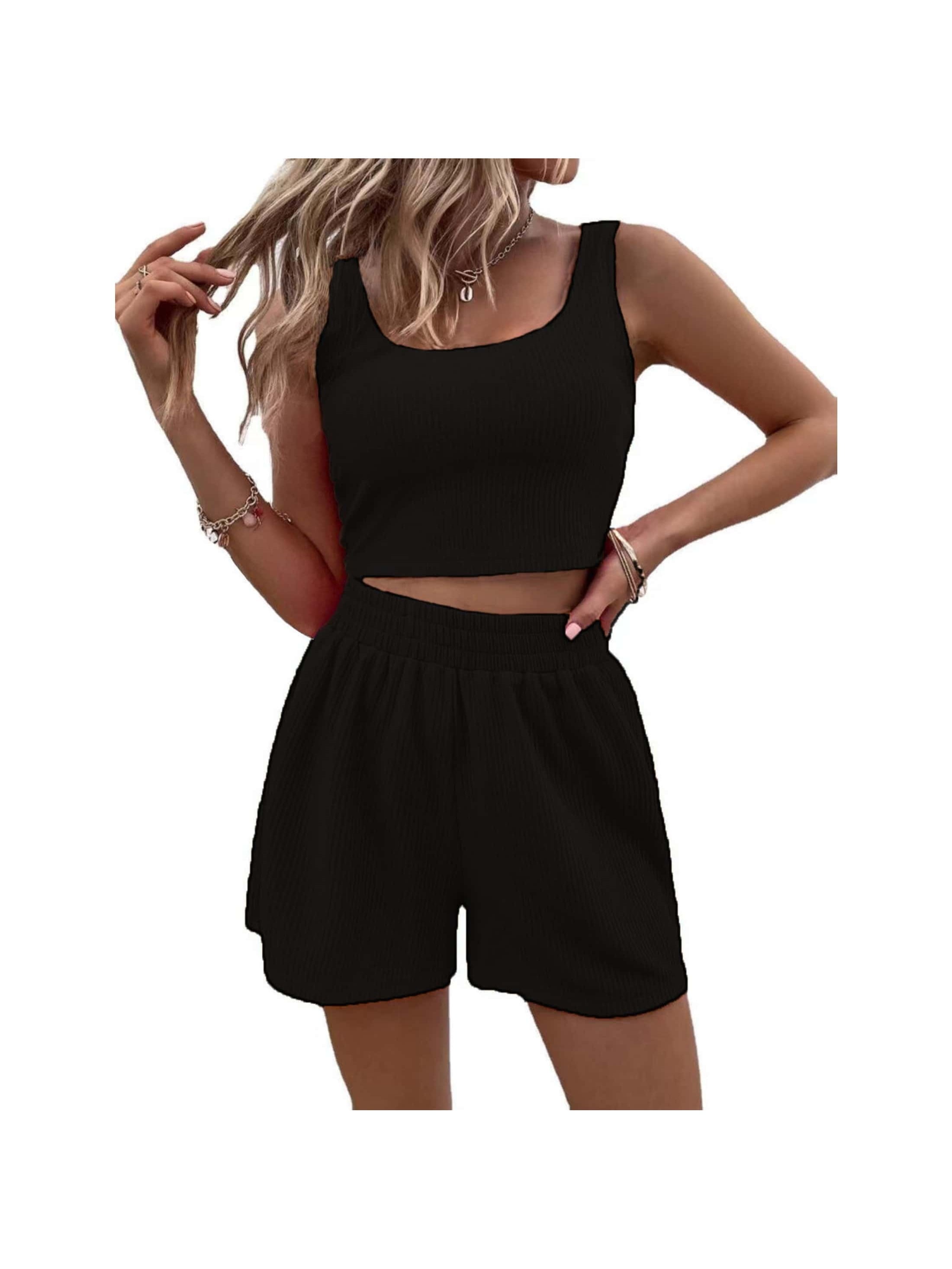 Workout Sports Sets For Womens 2 Piece Ribbed Crop Tank Top And Shorts