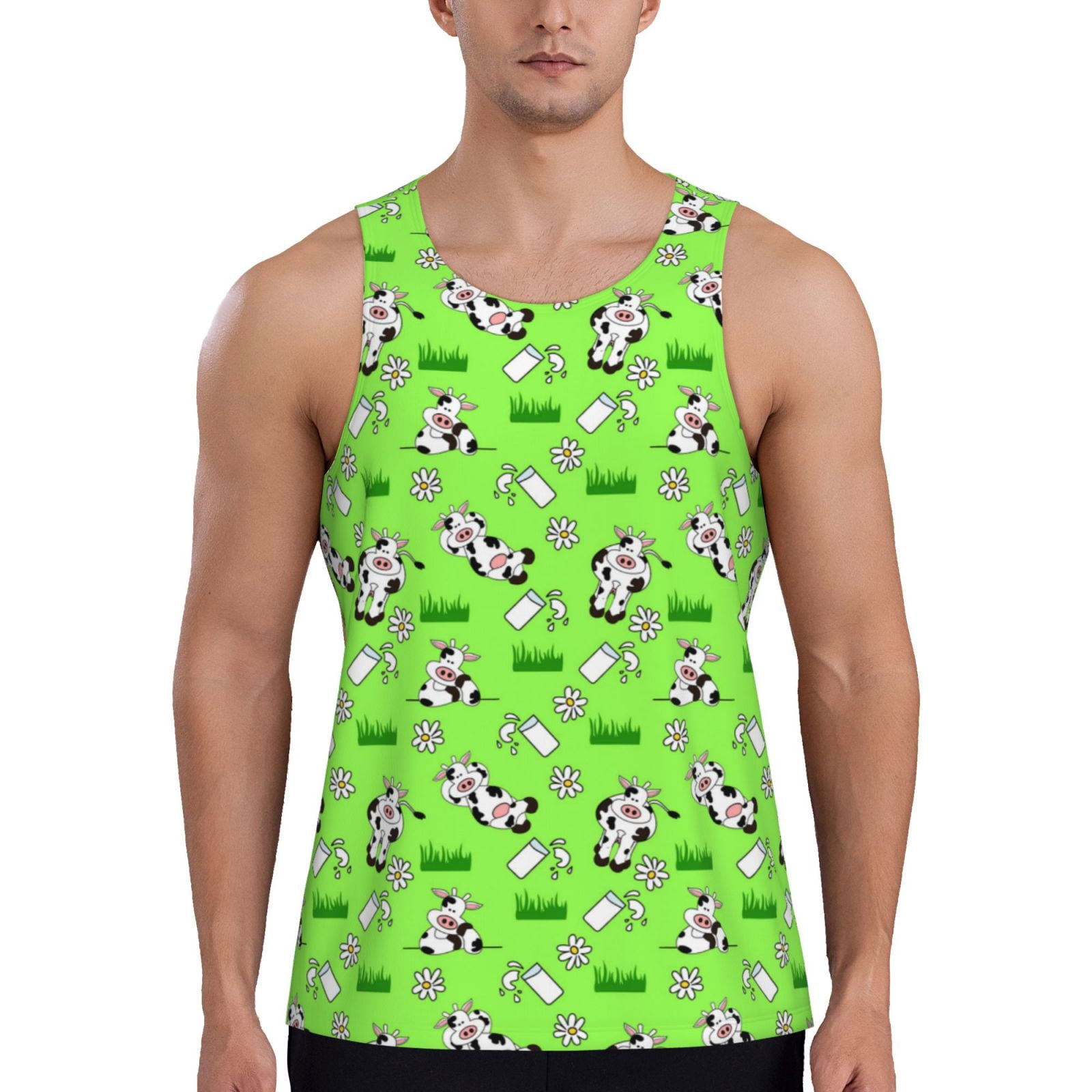 Workout Tank Tops Men, Cartoon Cute Cow Milk Meadow Quick Dry ...