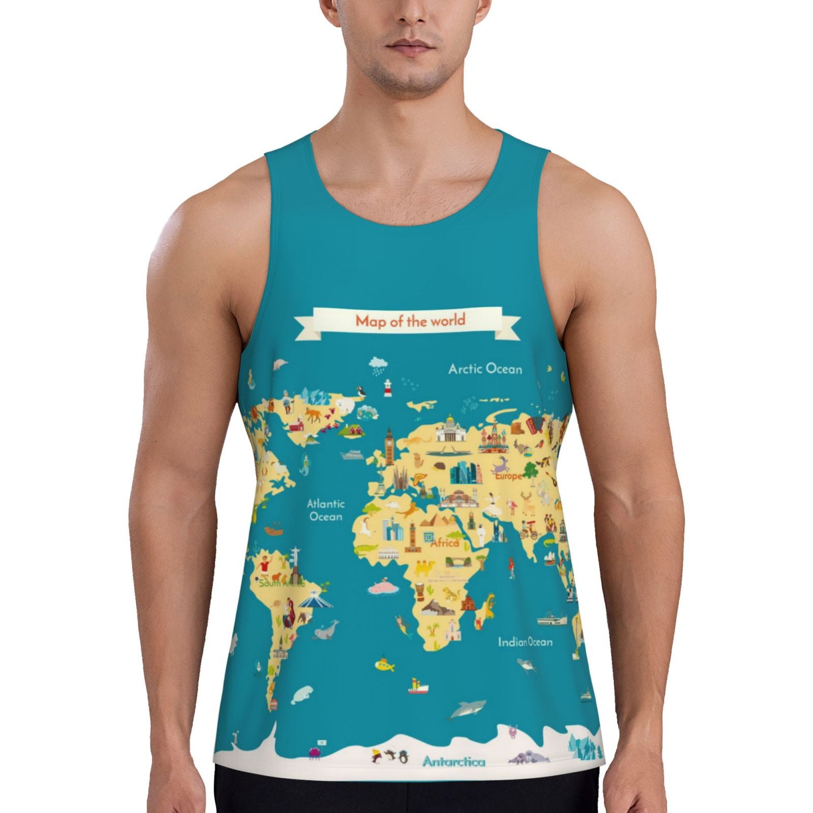 Workout Tank Tops Men, World Map With Landmarks Quick Dry Sleeveless ...
