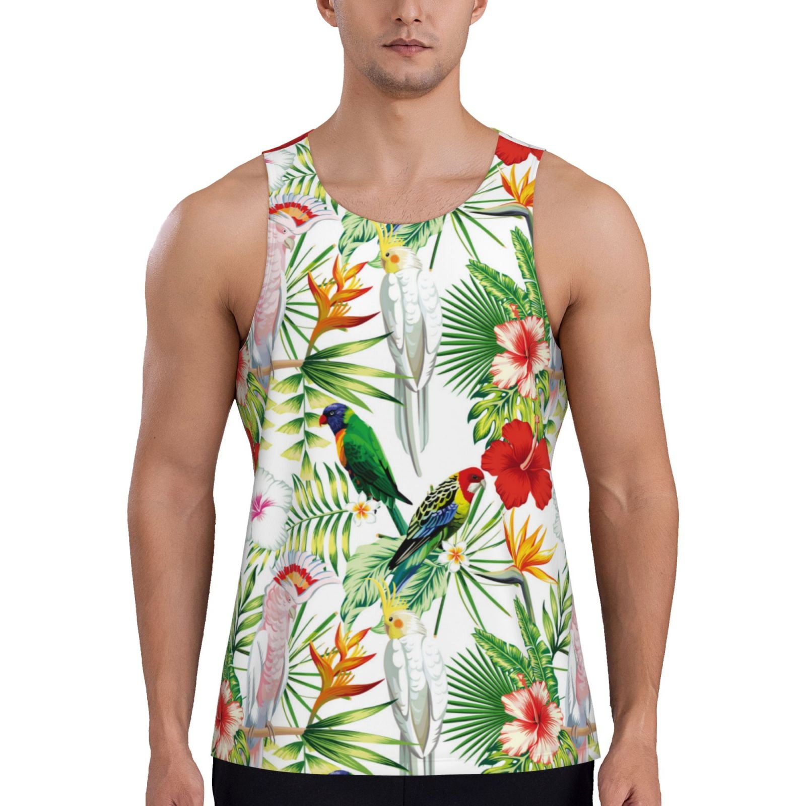 Workout Tank Tops for Men - Cute Painted Cute Parrot Bird Plant Quick ...