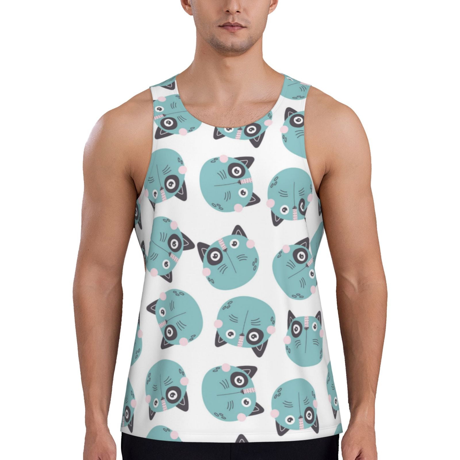 Workout Tank Tops for Men - Quirky Cartoon Cat Face Quick Dry Muscle ...