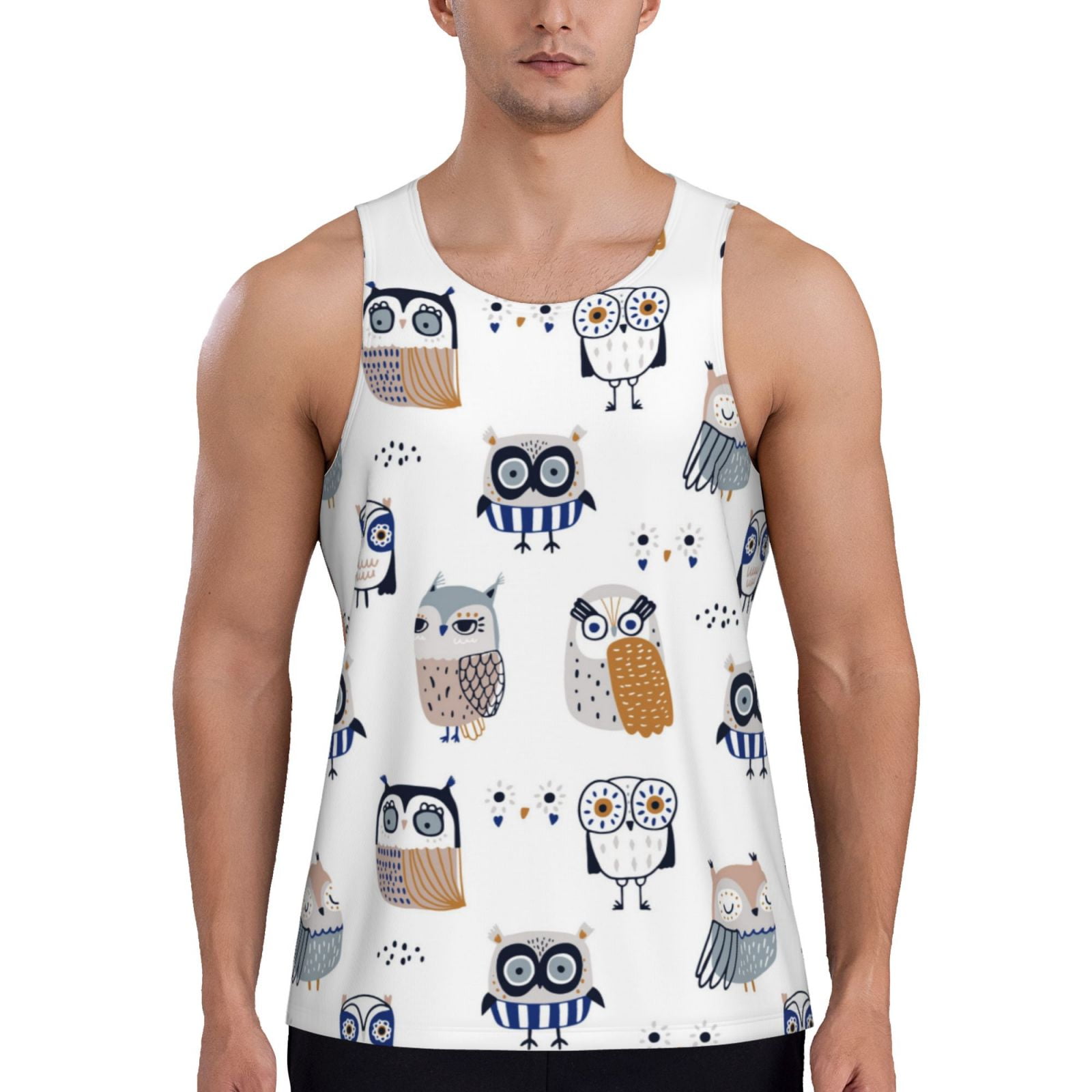 Workout Tank Tops for Men - Quirky Doodle Owl White Quick Dry Muscle ...