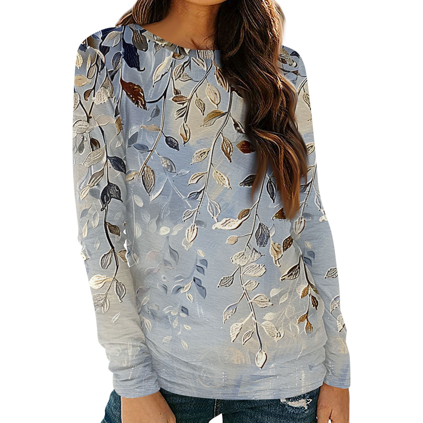 Workout Tops for Women Fall Floral Print Shirts Long Sleeve Round Neck ...