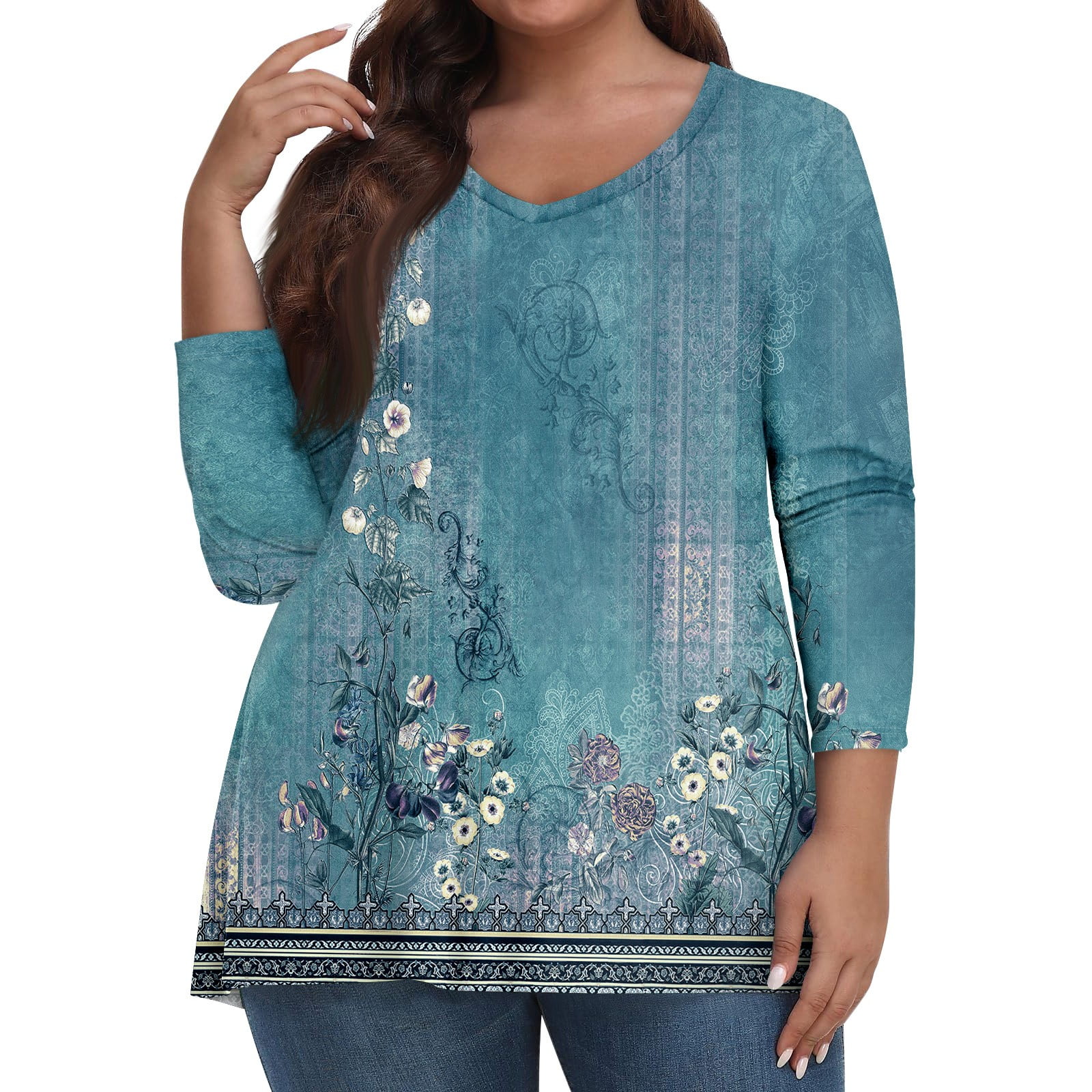 Workout Tops for Women Fall Plus Size Tshirts 3/4 Length Sleeve V Neck ...