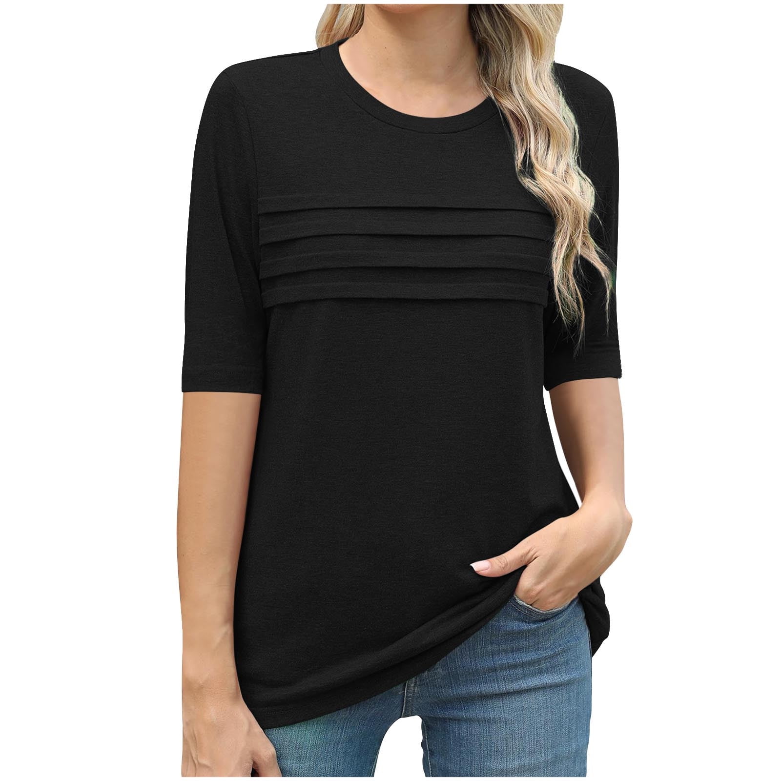 Workout Tops for Women Trendy Wrinkles Half-Sleeves Crewneck T-Shirts 1 ...