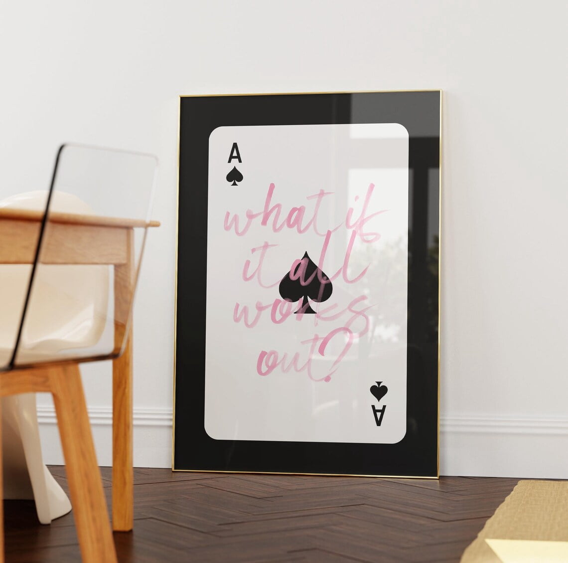What If It All Works Out Pink Playing Card Print, Black And White Dorm ...