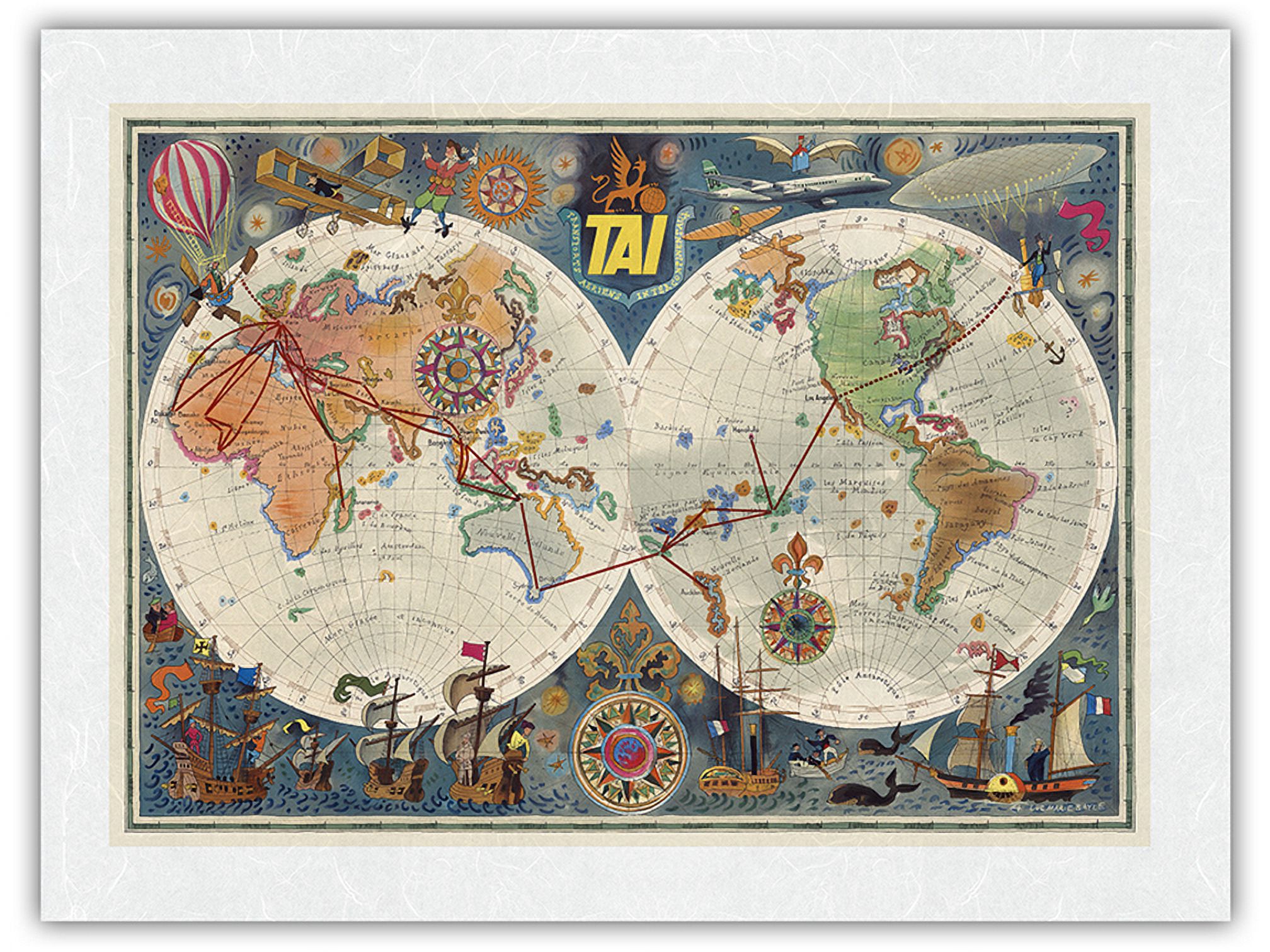 World Air Routes - TAI Airline - Vintage Pictorial Map by Luc-Marie ...