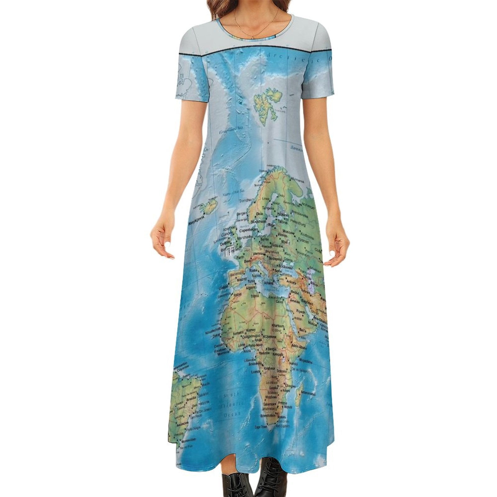 World Chart WORLD MAP Print Maxi Dress for Women Crew Neck Beach Dress ...