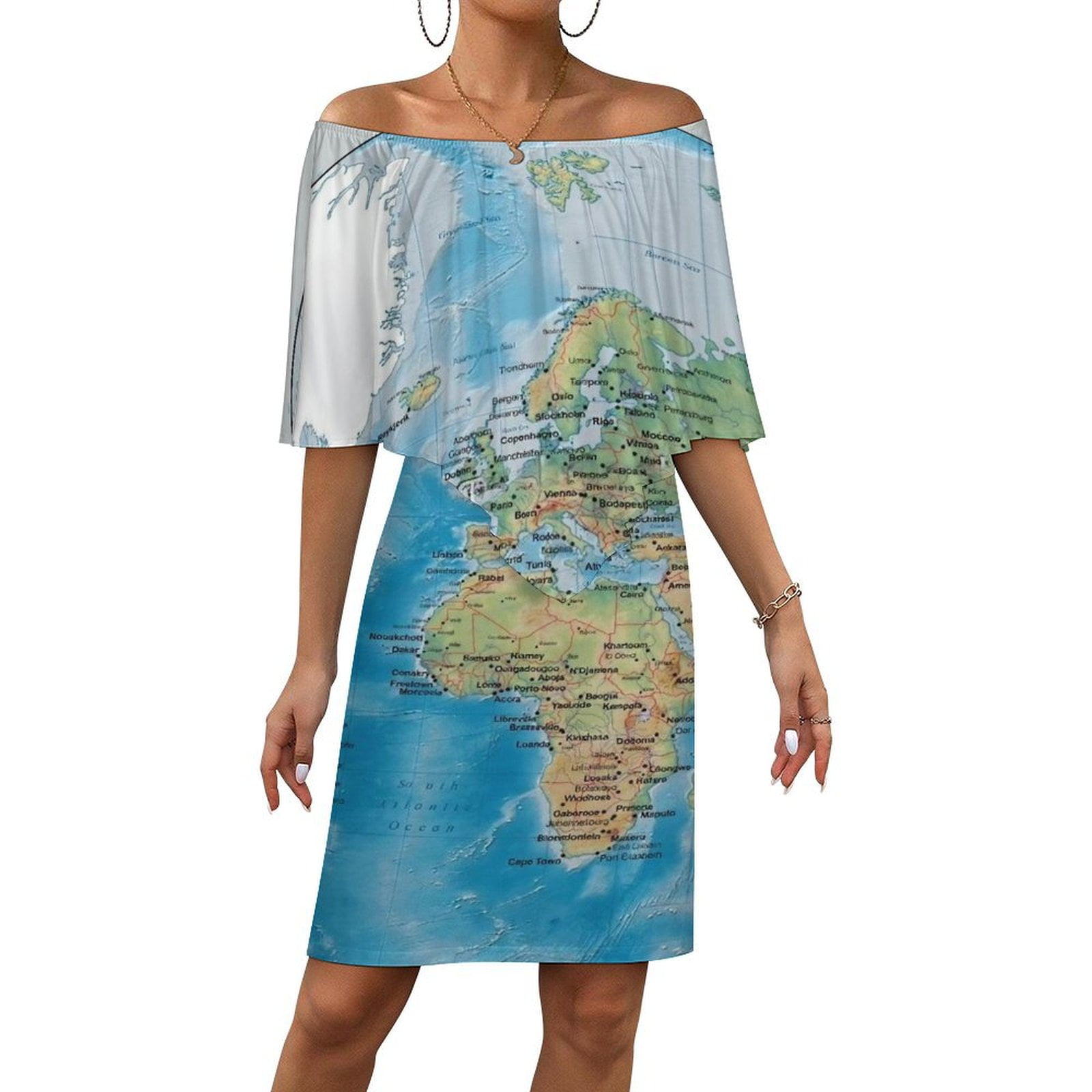 World Chart WORLD MAP Print Women's Off The Shoulder Ruffles Summer ...
