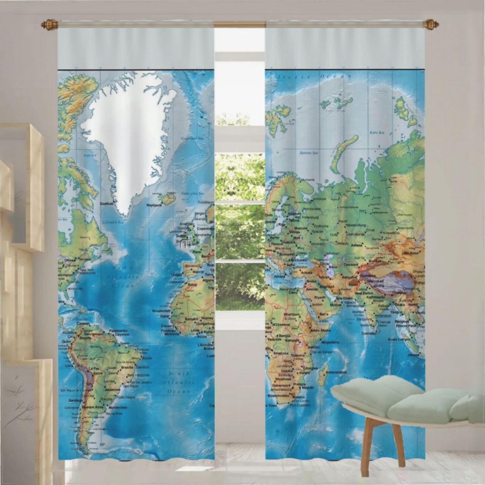 World Chart World Map Print Tulle Curtain for Living Room Bedroom Decor ...