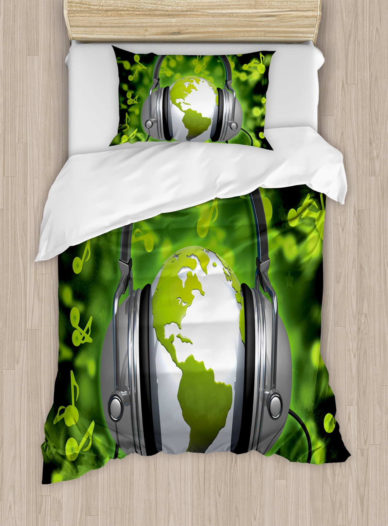 World Duvet Cover Set, World of Music Themed Composition DJ Headphones ...