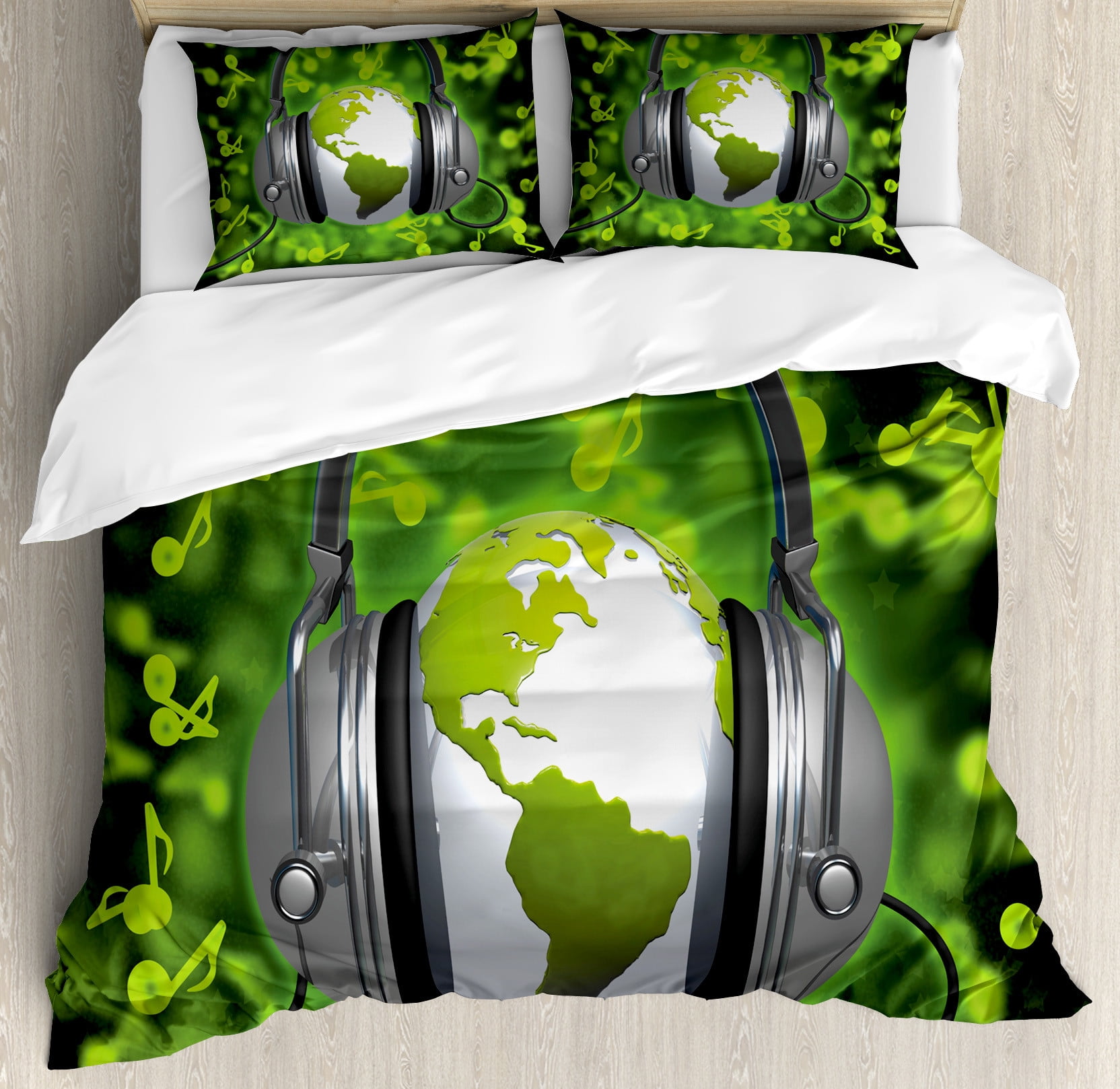 World Duvet Cover Set, World of Music Themed Composition DJ Headphones ...