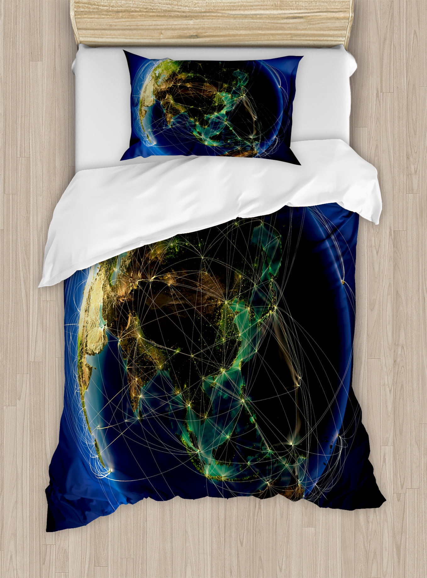 World Duvet Cover Sets, Earth Surrounded by Thin Lines Major Air Routes ...