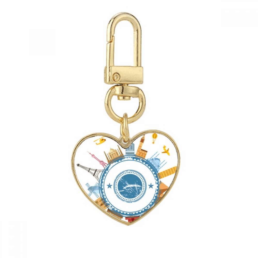 World Earth Landmark City Pattern Gold Heart Keychain Metal Keyring ...