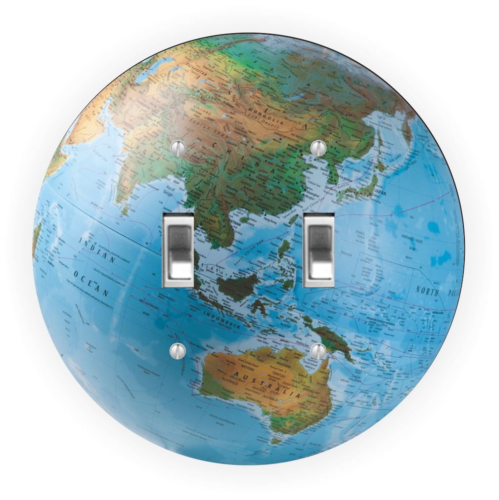 World Globe Blue Design - Round Light Switch Plate Cover - Double ...