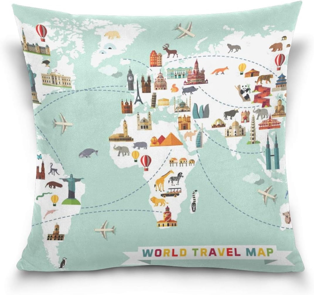 World Map With Animal And Sightseeing Attractions Velvet Oblong Lumbar ...