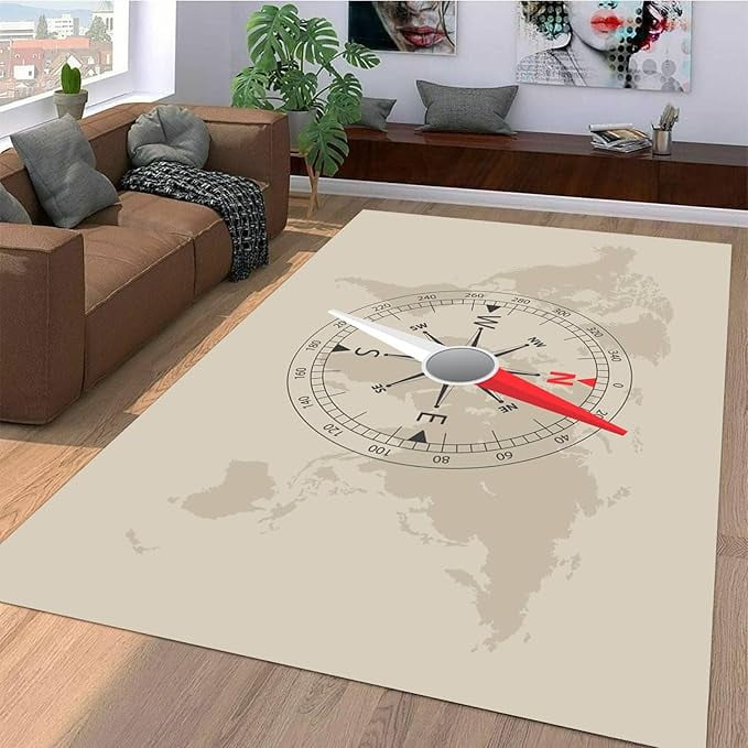 World Map Area Rug, Magnetic Compass Cartography Living Room Rugs, Easy ...