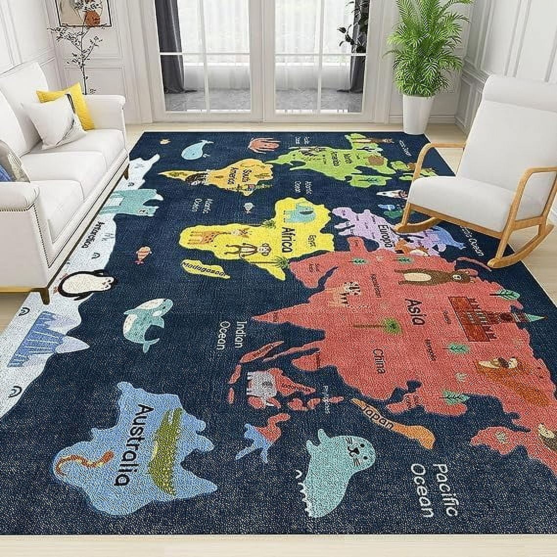 World Map Area Rugs, Navy Blue Educational Rugs for Bedroom Playroom ...