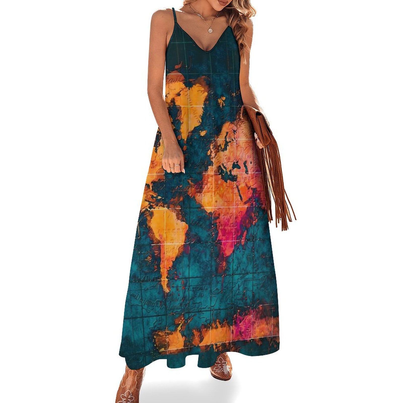 World Map Art Series Dress Old Map Elegant Maxi Dress Street Fashion ...