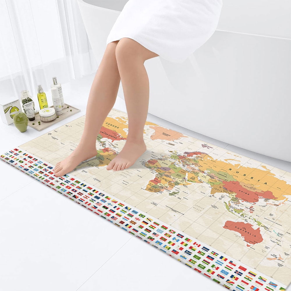 World Map Bathroom Rugs, Vintage Asia Europe South City Topography ...