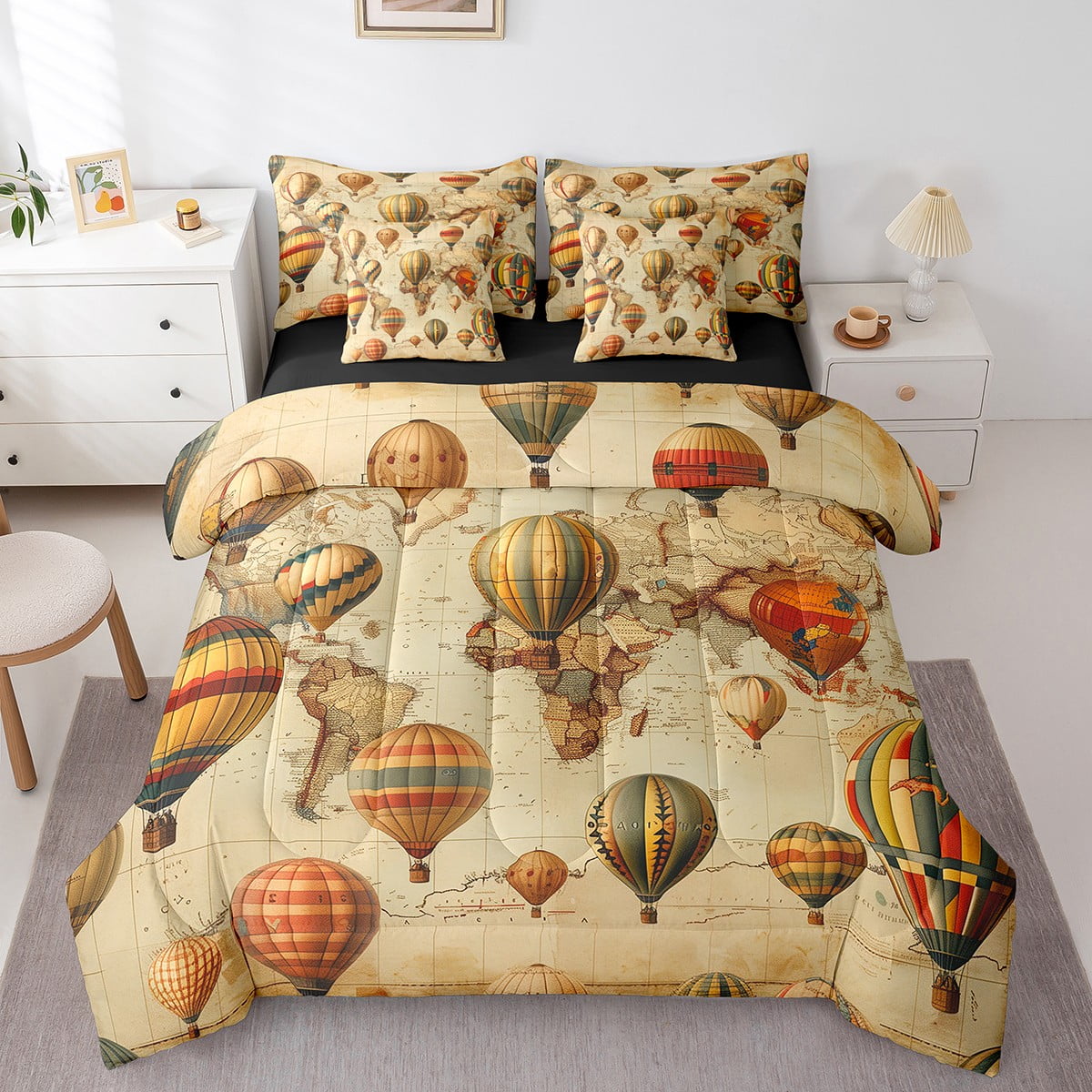 World Map Bed in a Bag 7 Piece Brown Vintage Nostalgic Themed Bedding Sets Queen Map Of Various ...