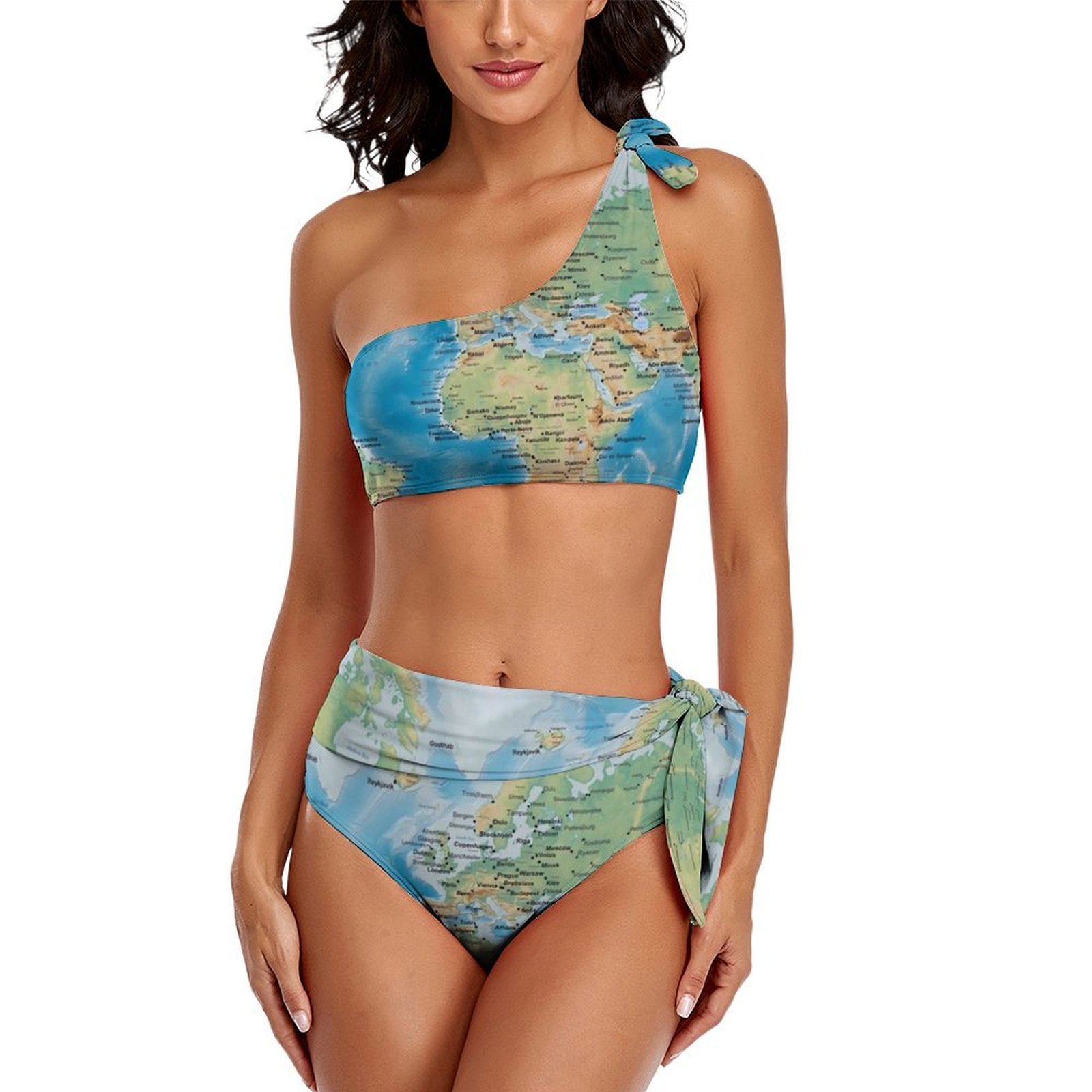 World Map Bikini Swimsuit Cities Roads Lakes and Rivers High Waist Swimwear Pattern Bikinis Set ...