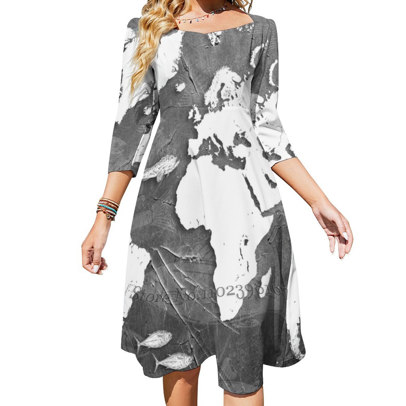 World Map Blacka And White Sea Life Map Square Neck Dress Sweet Summer ...