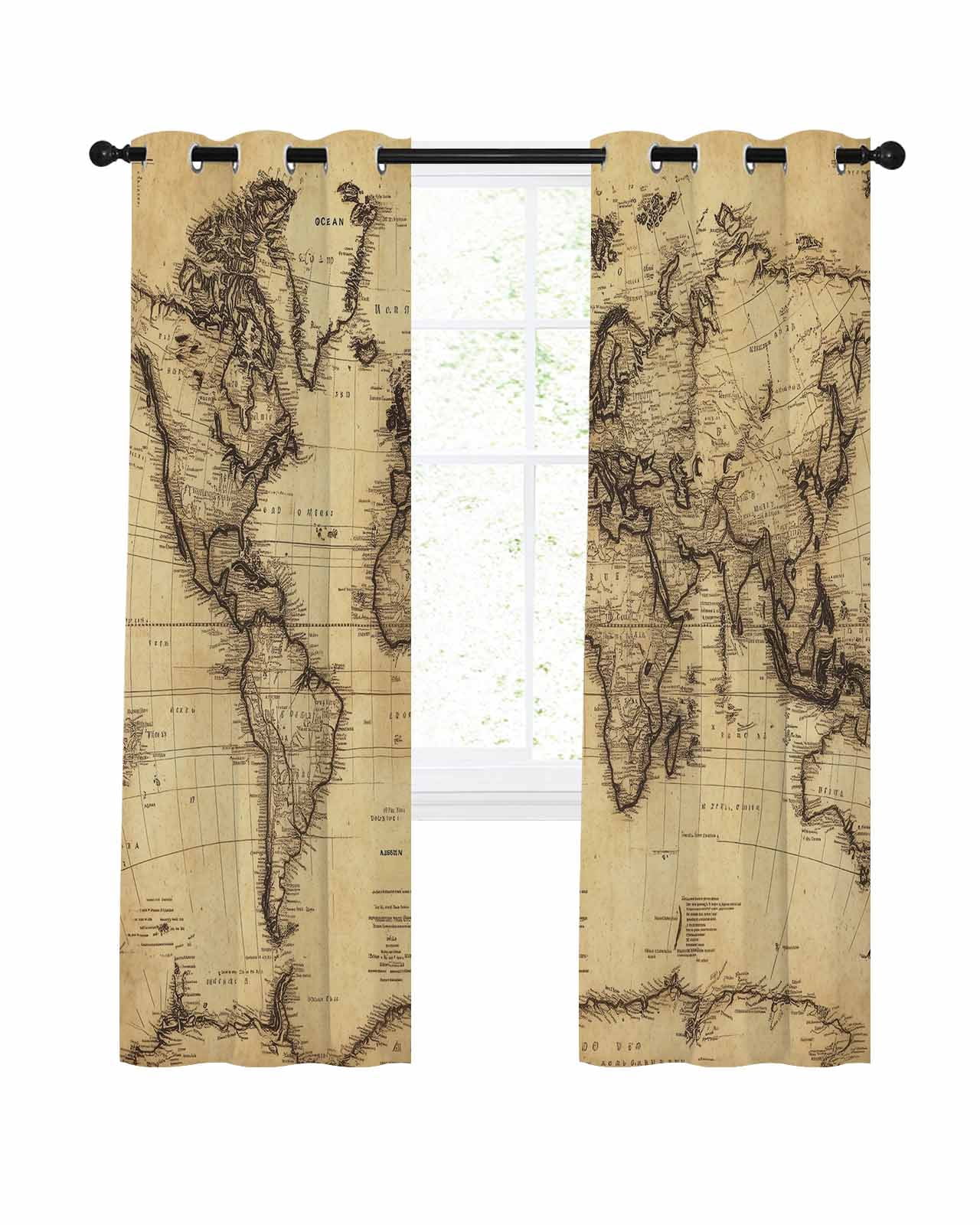 World Map Blackout Curtains 72 Inch Length Retro Yellow Plate Line ...