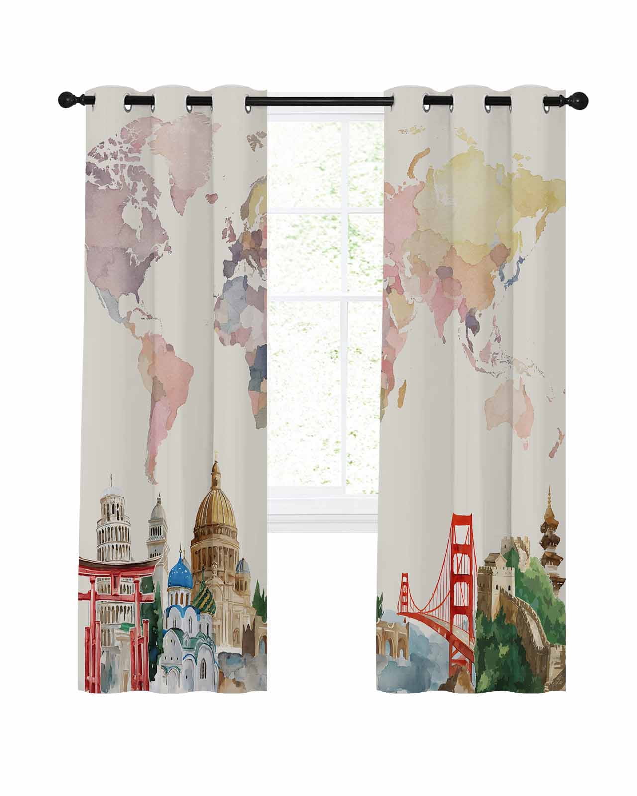 World Map Blackout Curtains, Light Blocking Print Window Curtains ...