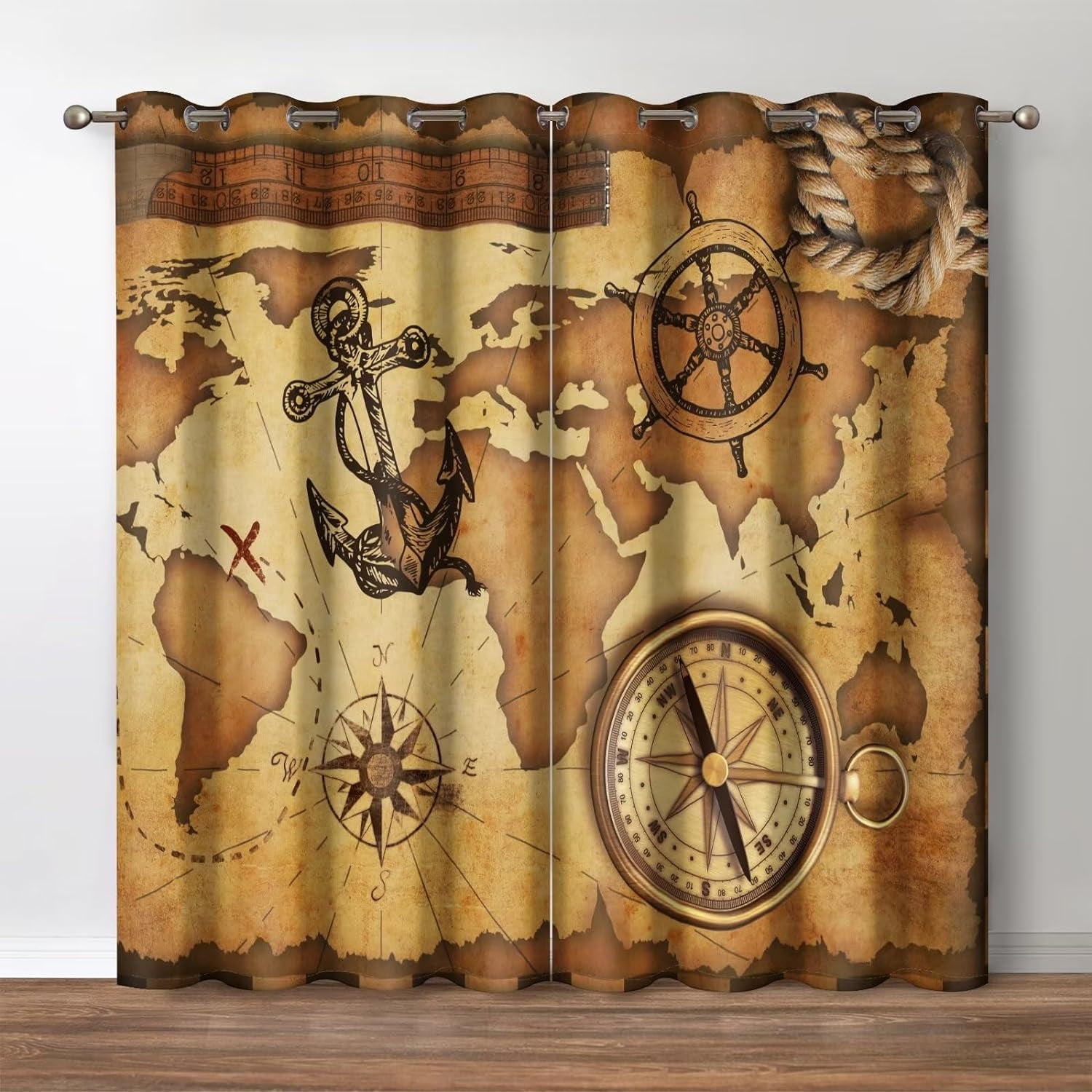 World Map Blackout Curtains, Retro Nautical Middle Ages Decor, Vintage ...