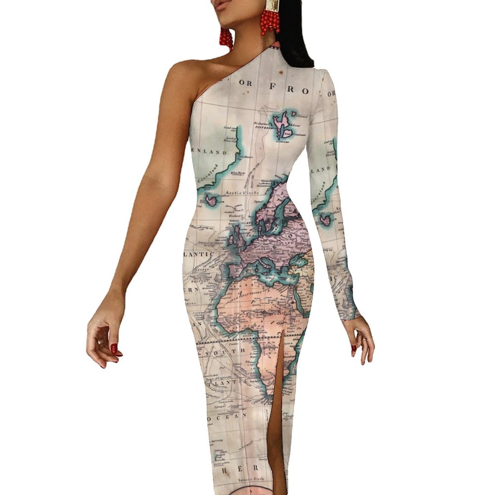 World Map Bodycon Dress Woman Vintage Map of The World 1897 Retro Maxi ...