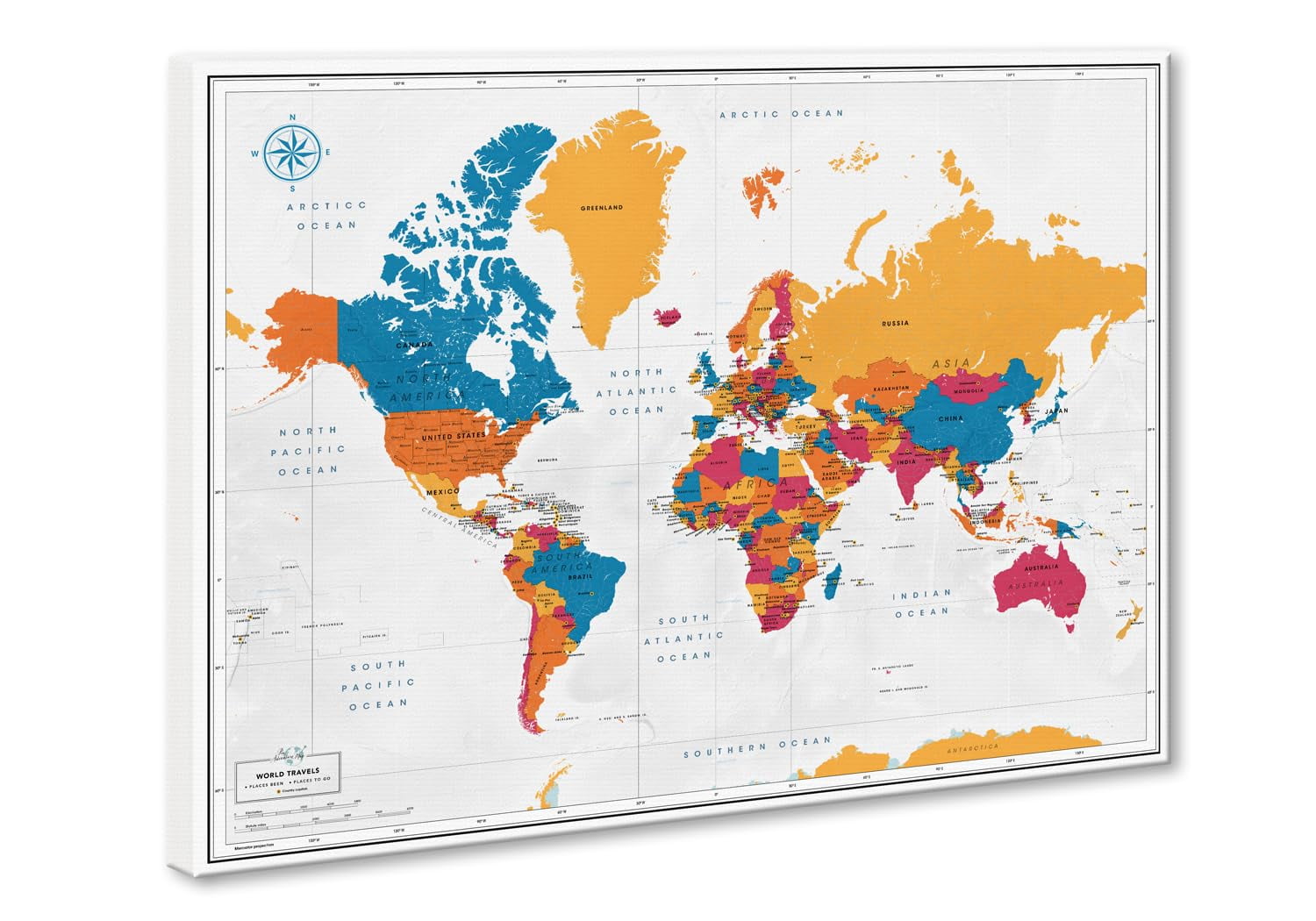 World Map Canvas with Pins: Explore Political or Tourist Destinations ...