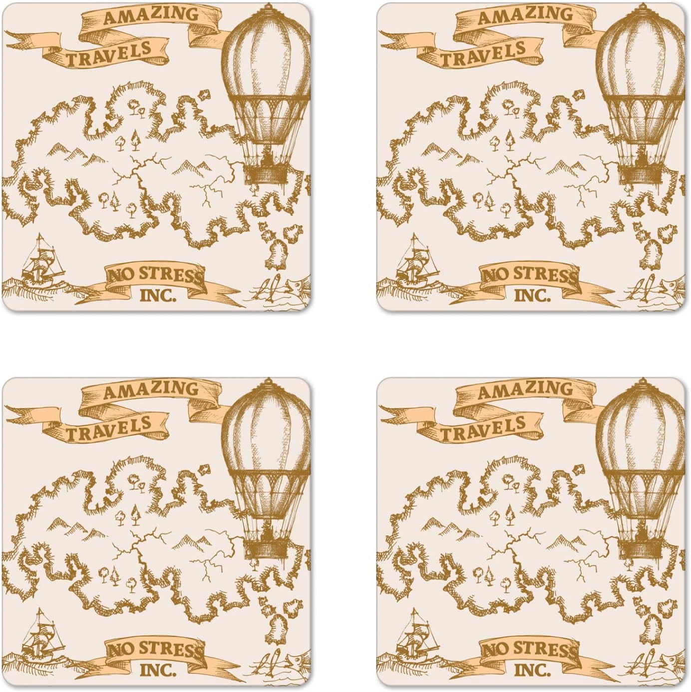 World Map Coaster Set of 4, Vintage Travel Map with Sailing Boat and ...