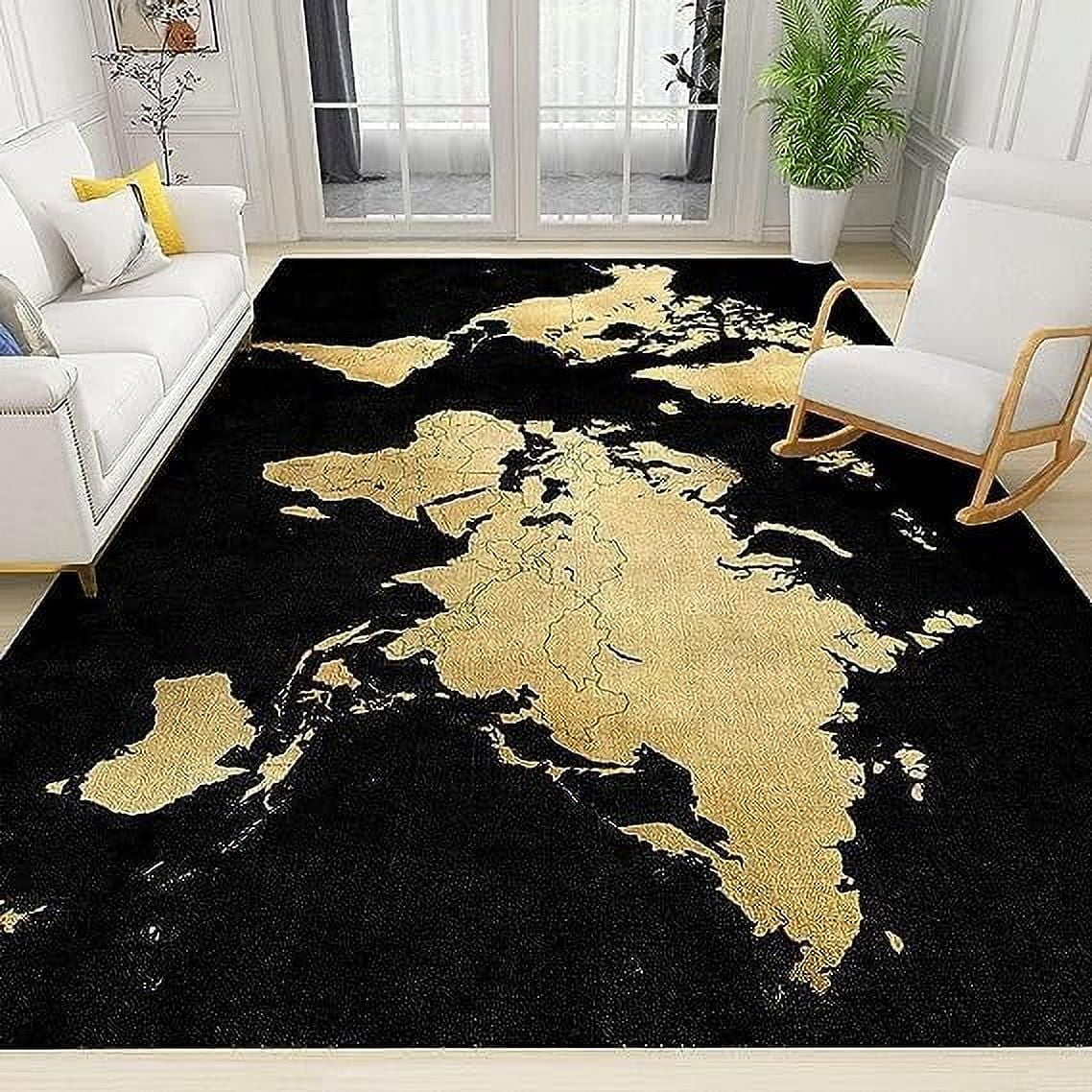 World Map Continents Plates Area Rug, Black Retro Modern Living Room ...