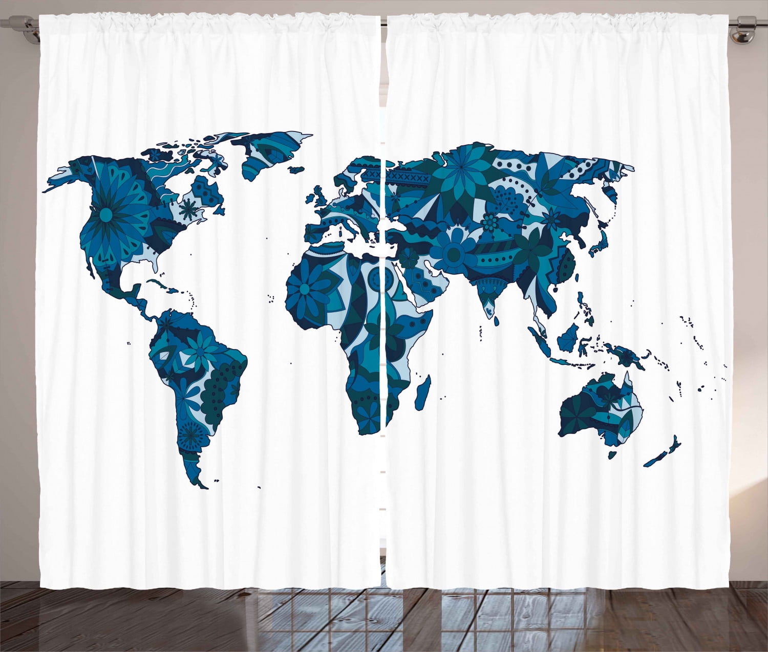World Map Curtains 2 Panels Set, Lilac Flowers Covered Earth Continents ...