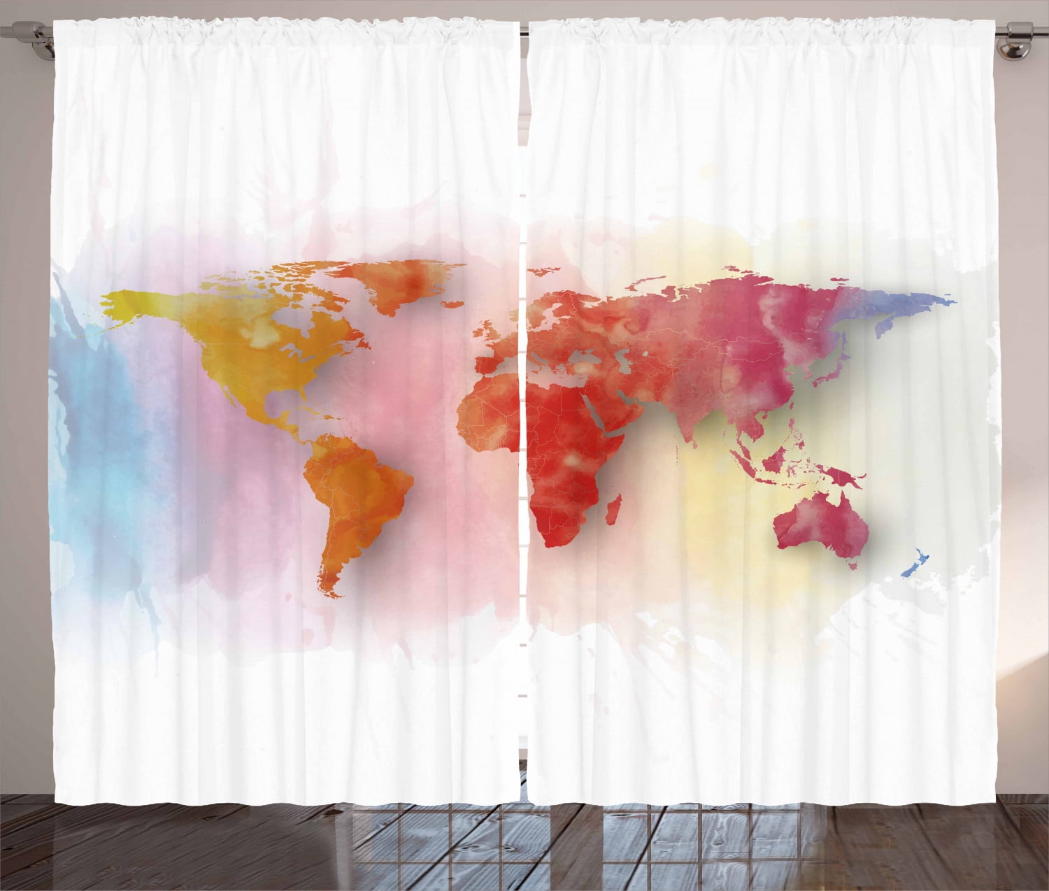 Ambesonne World Map Curtains 2 Panel Set, Watercolor World Map, 108" x ...