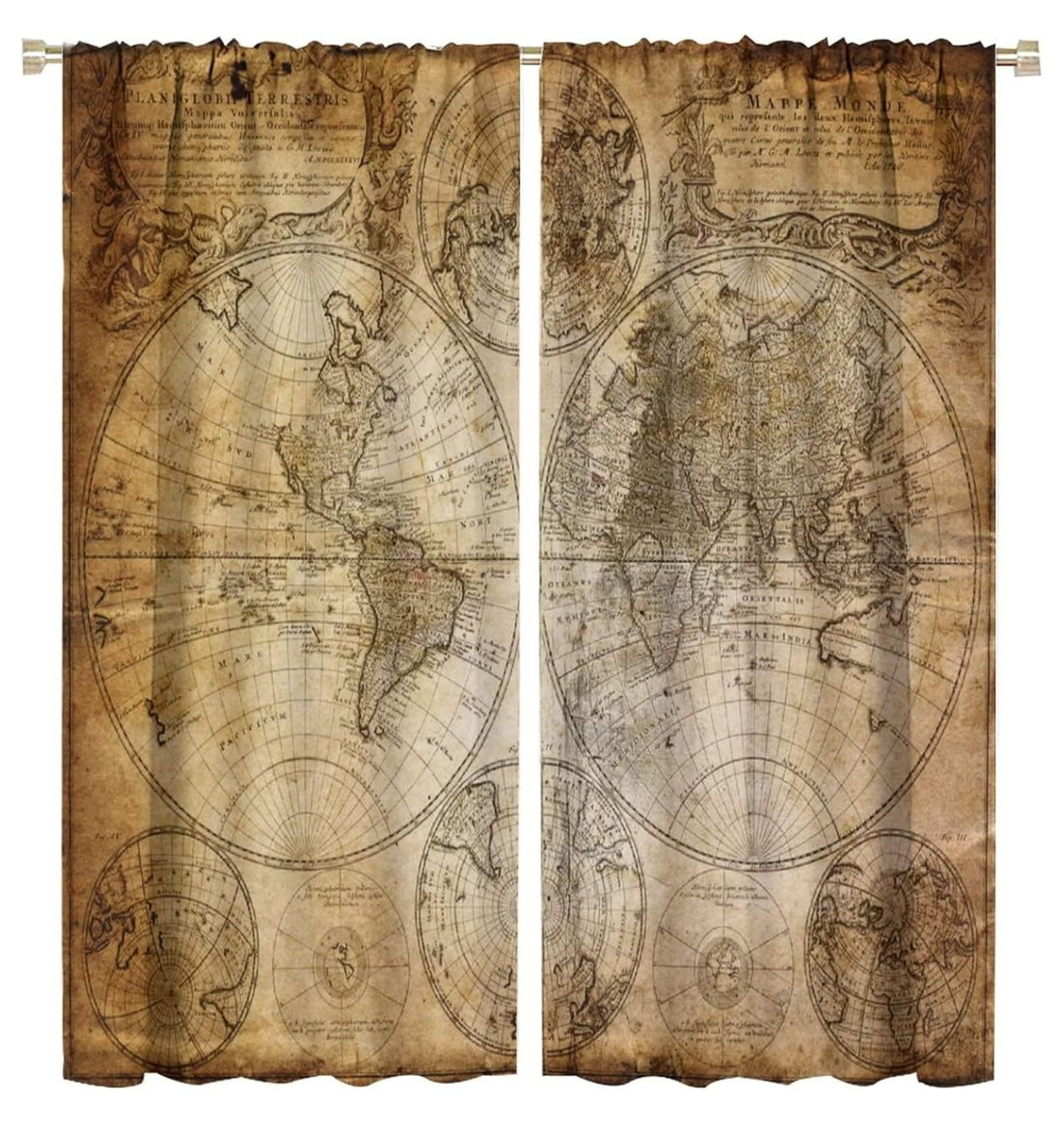 World Map Curtains Yellowed Old History Maps Hemispheres Vintage Art ...