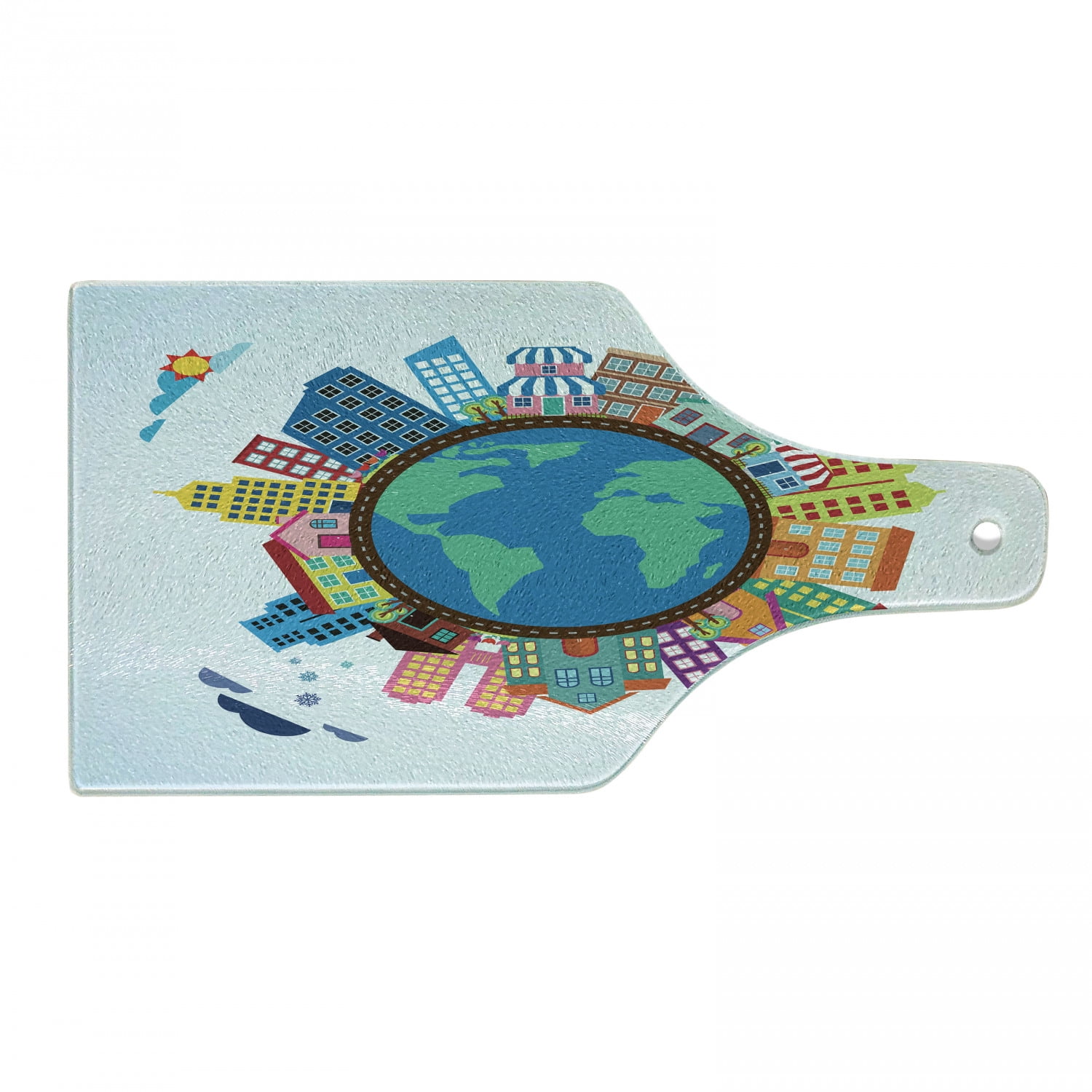 World Map Cutting Board, Cartoon Illustration of Abstract Buildings ...