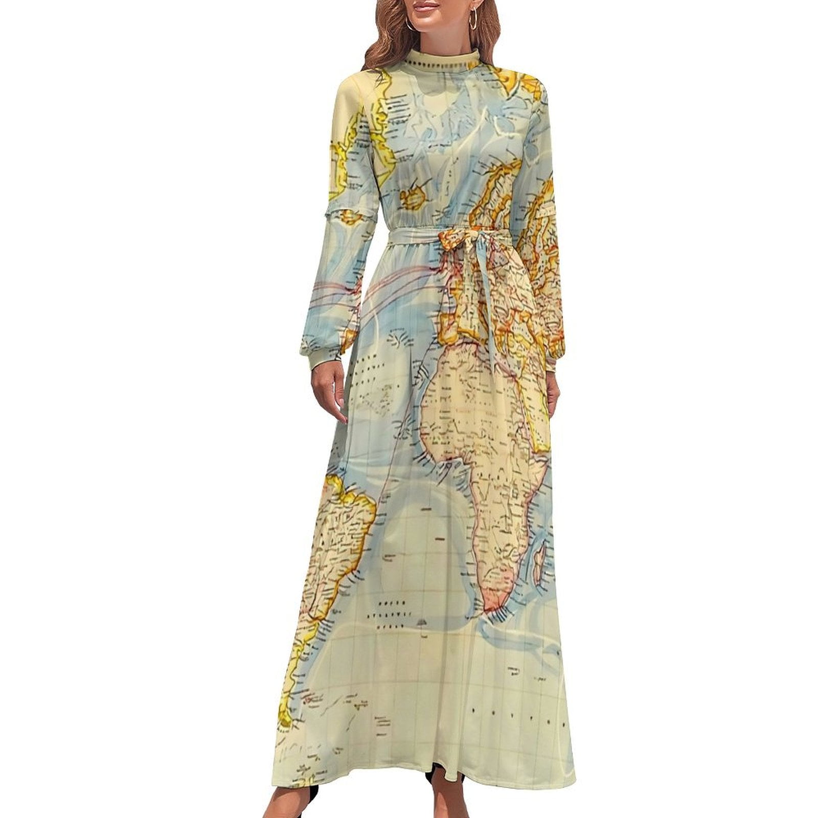 World Map Dress Long Sleeve Cities Roads Lakes and Rivers Maxi Dress ...