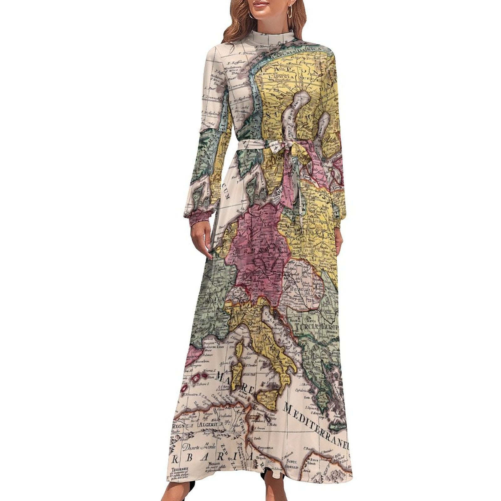 World Map Dress Long Sleeve Cities Roads Lakes and Rivers Maxi Dress ...