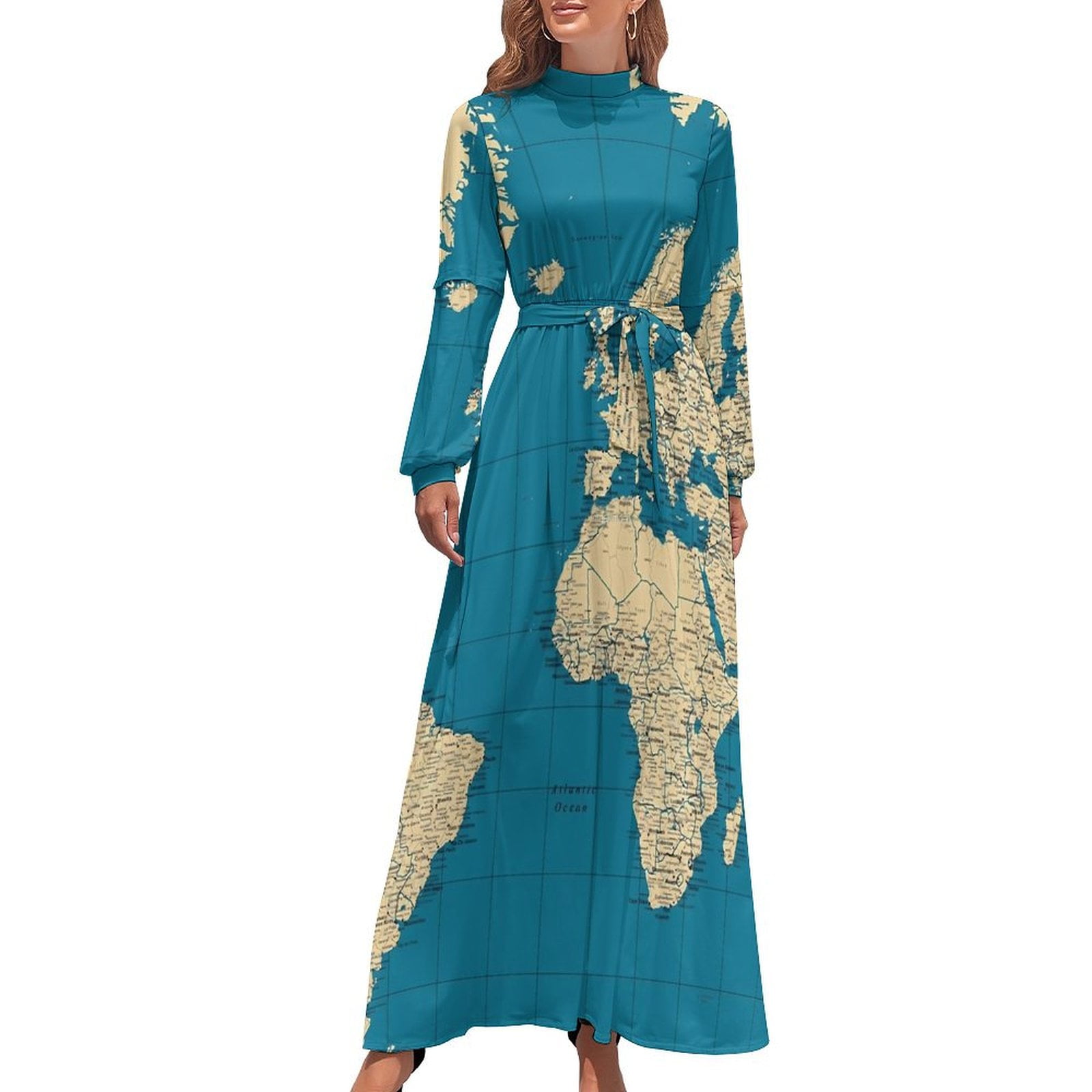 World Map Dress Long Sleeve Cities Roads Lakes and Rivers Maxi Dress ...