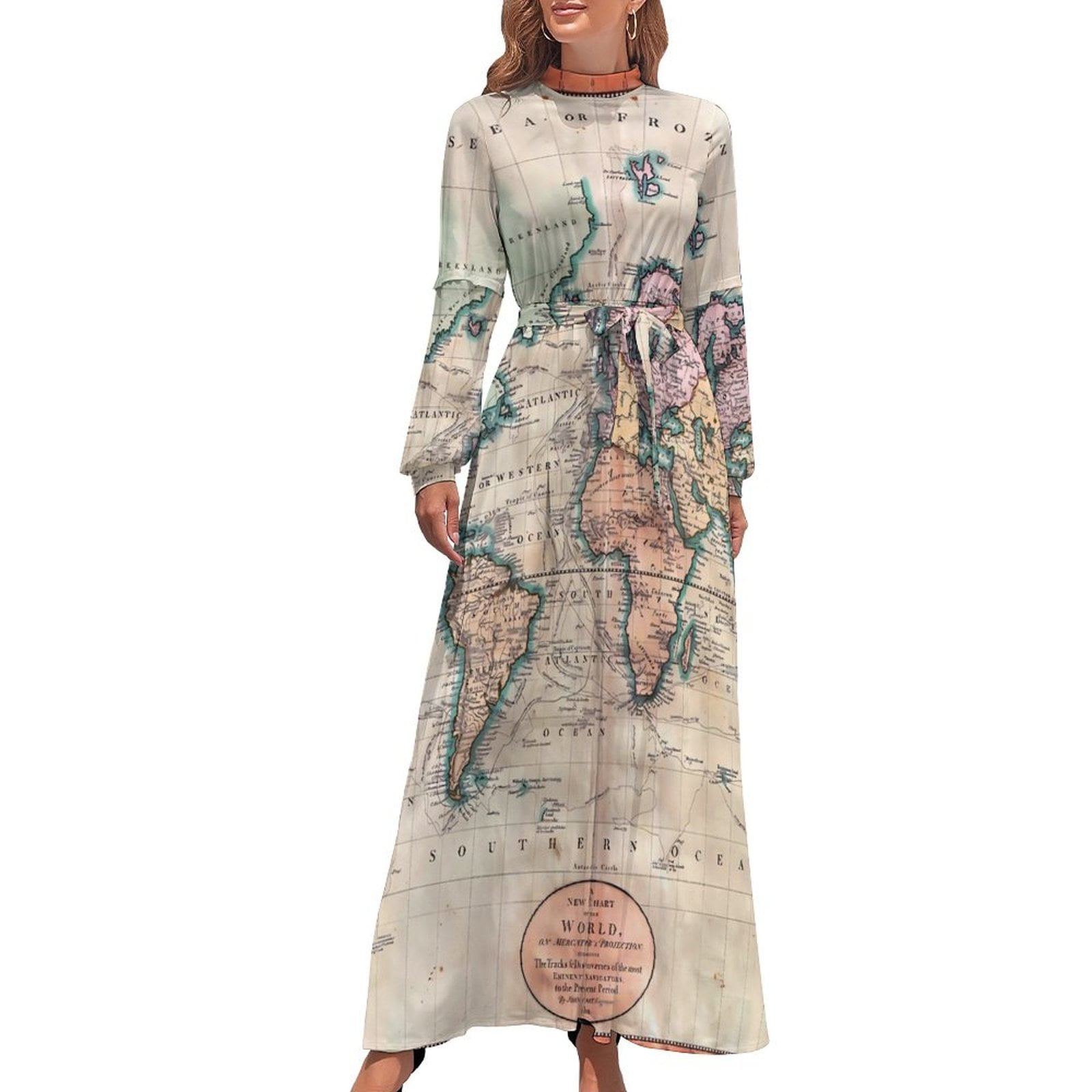 World Map Dress Long Sleeve Cities Roads Lakes and Rivers Maxi Dress ...