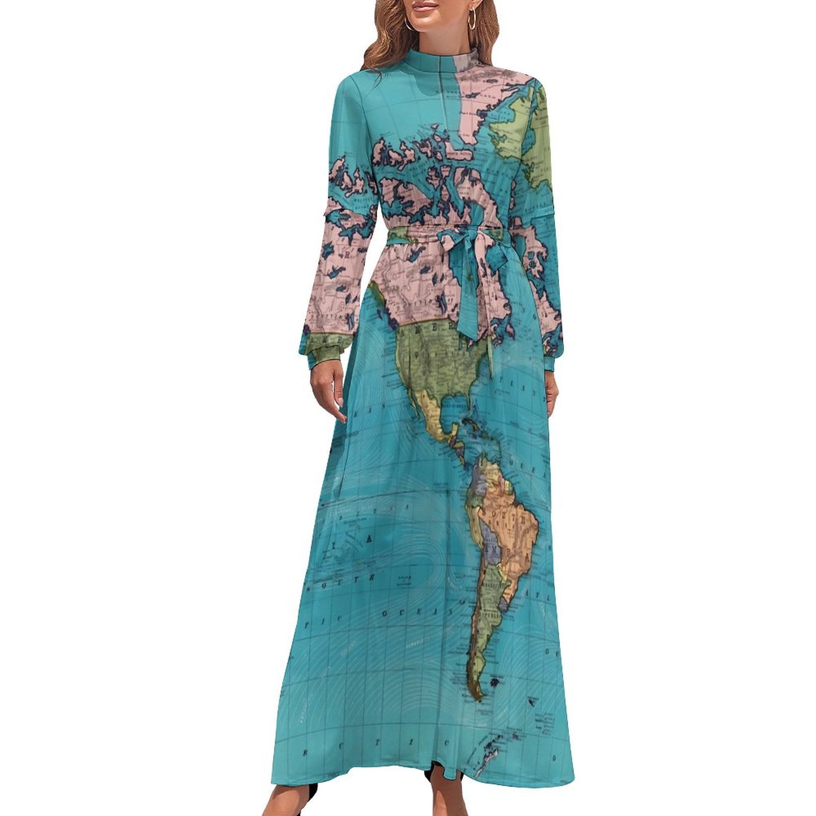World Map Dress Long Sleeve Cities Roads Lakes and Rivers Maxi Dress ...