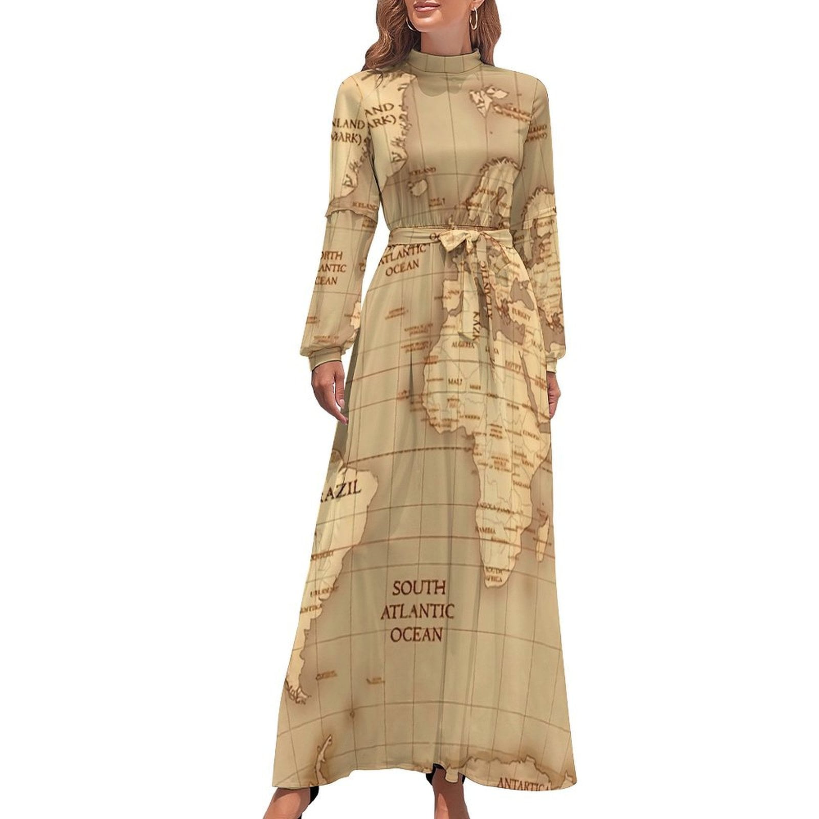 World Map Dress Long Sleeve Cities Roads Lakes and Rivers Maxi Dress ...