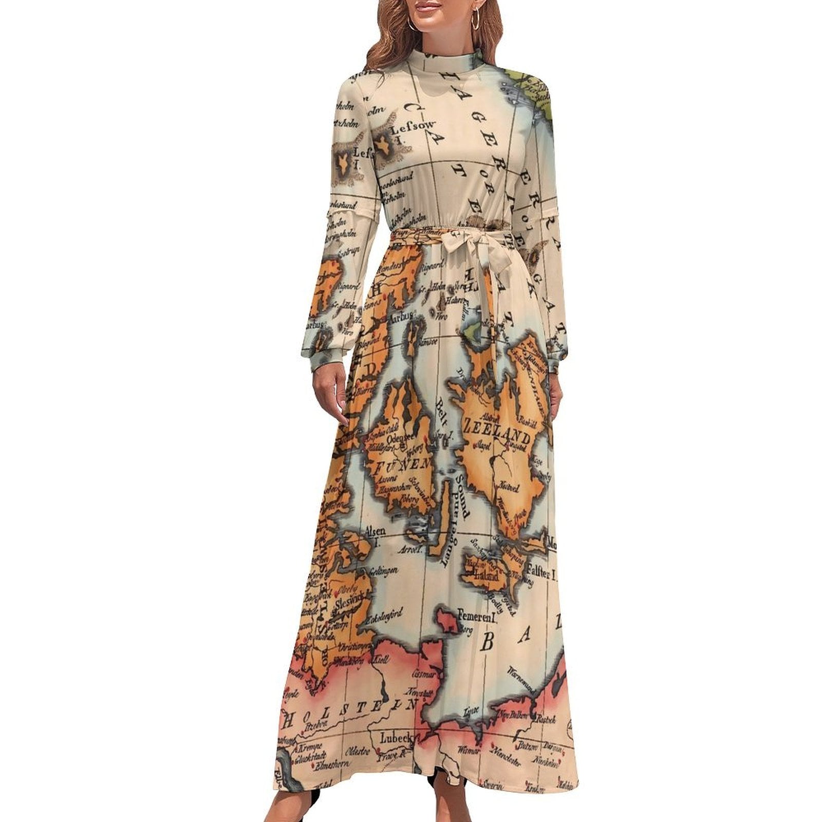 World Map Dress Long Sleeve Cities Roads Lakes and Rivers Maxi Dress ...