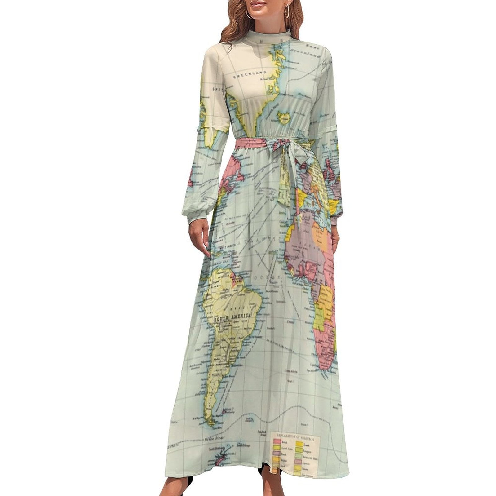 World Map Dress Long Sleeve Cities Roads Lakes and Rivers Maxi Dress ...