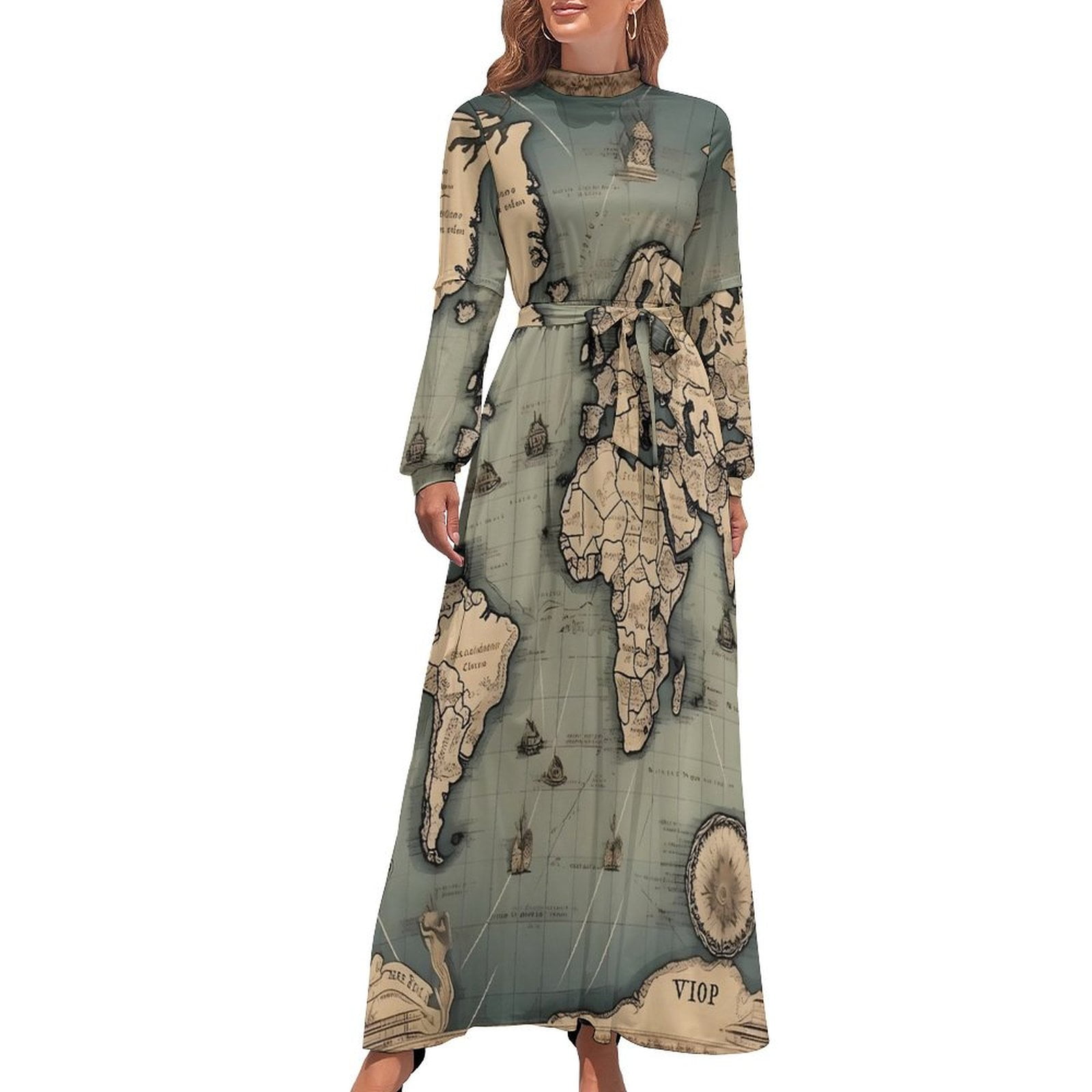 World Map Dress Long Sleeve Cities Roads Lakes and Rivers Maxi Dress ...